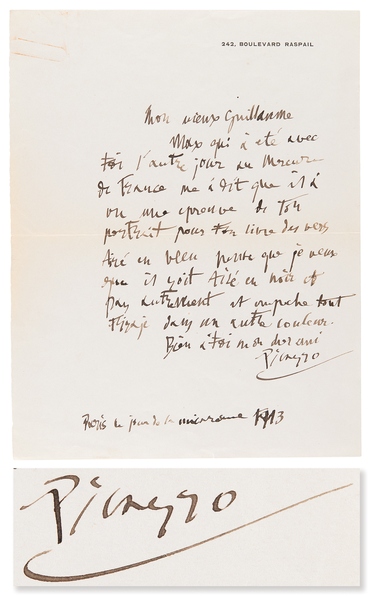 Pablo Picasso Autograph Letter Signed to Guillaume Apollinaire,