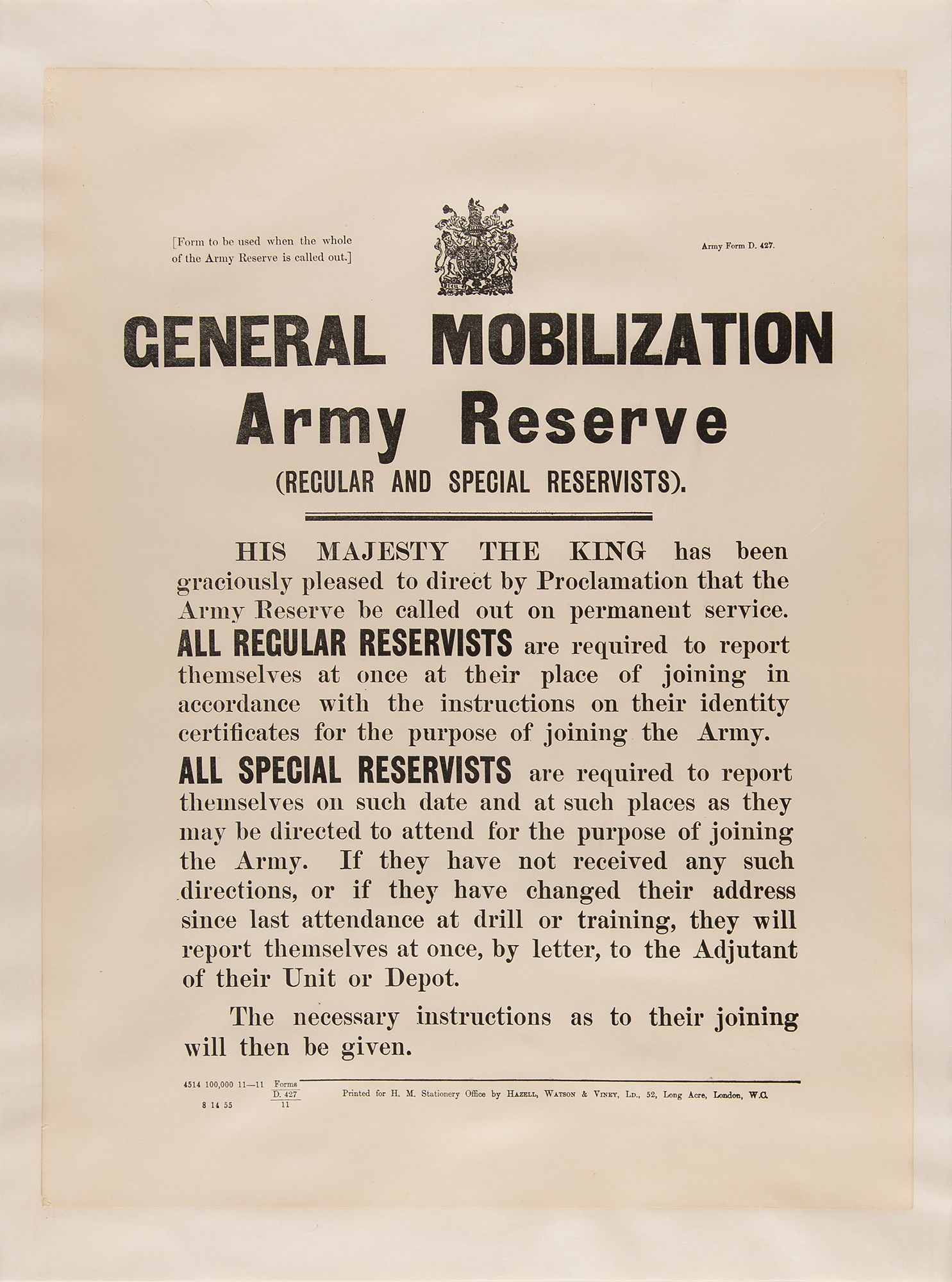 World War I 'General Mobilization Army Reserve' Broadside Proclamation