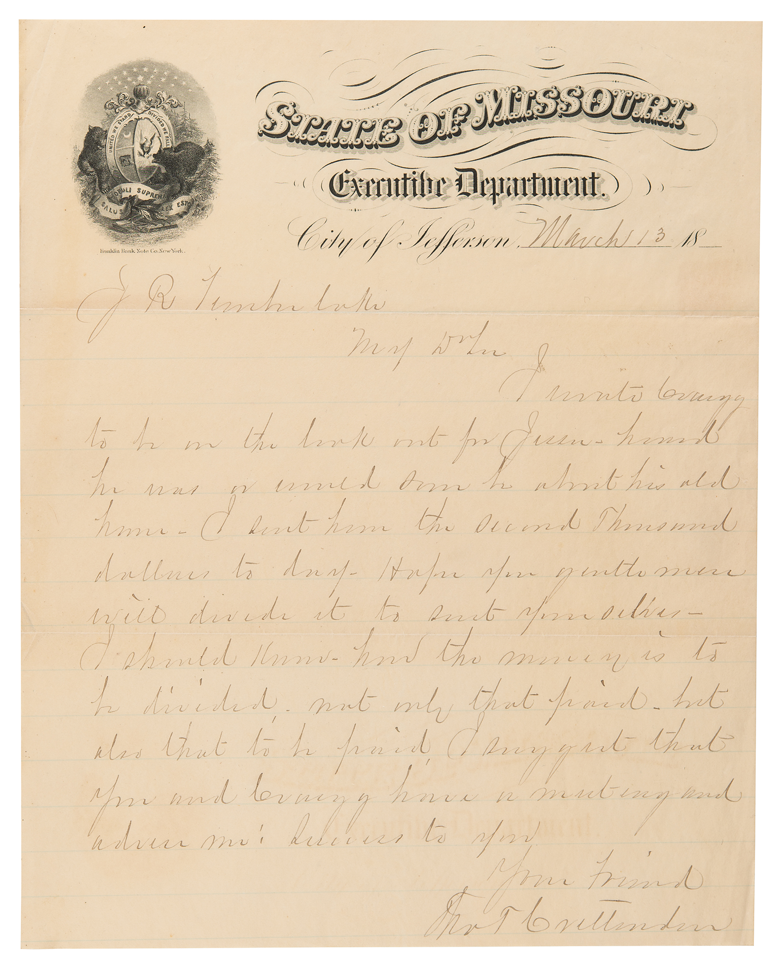 [Jesse James] Thomas T. Crittenden Autograph Letter Signed on Jesse