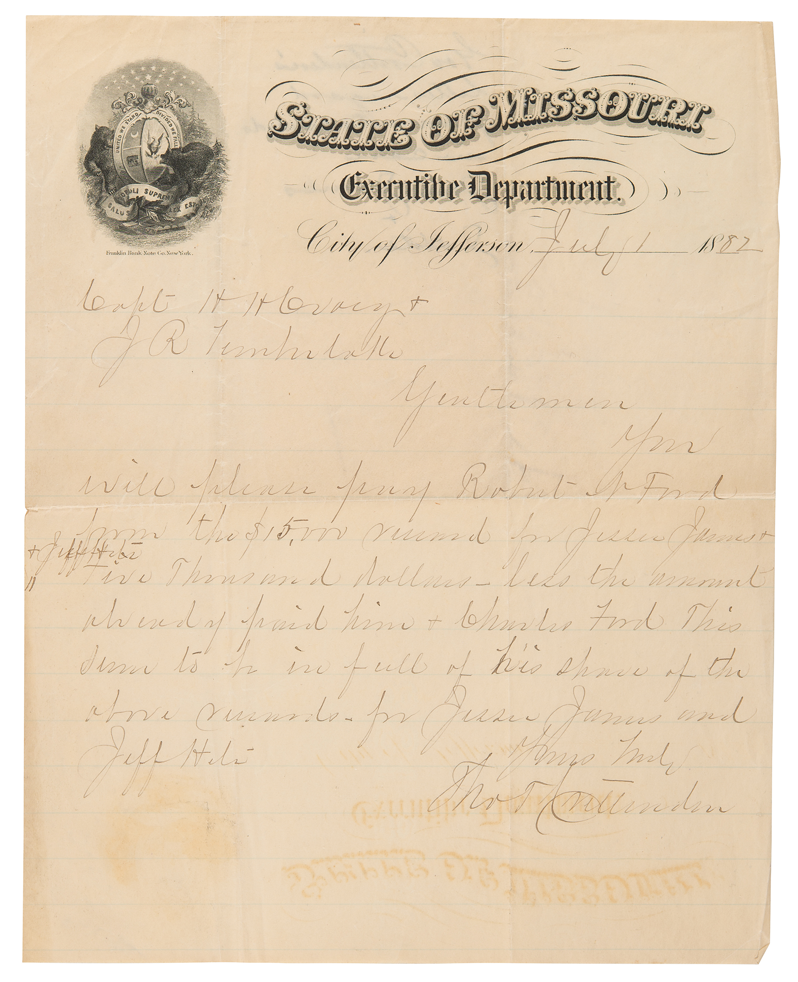 [Jesse James] Thomas T. Crittenden Autograph Letter Signed on the