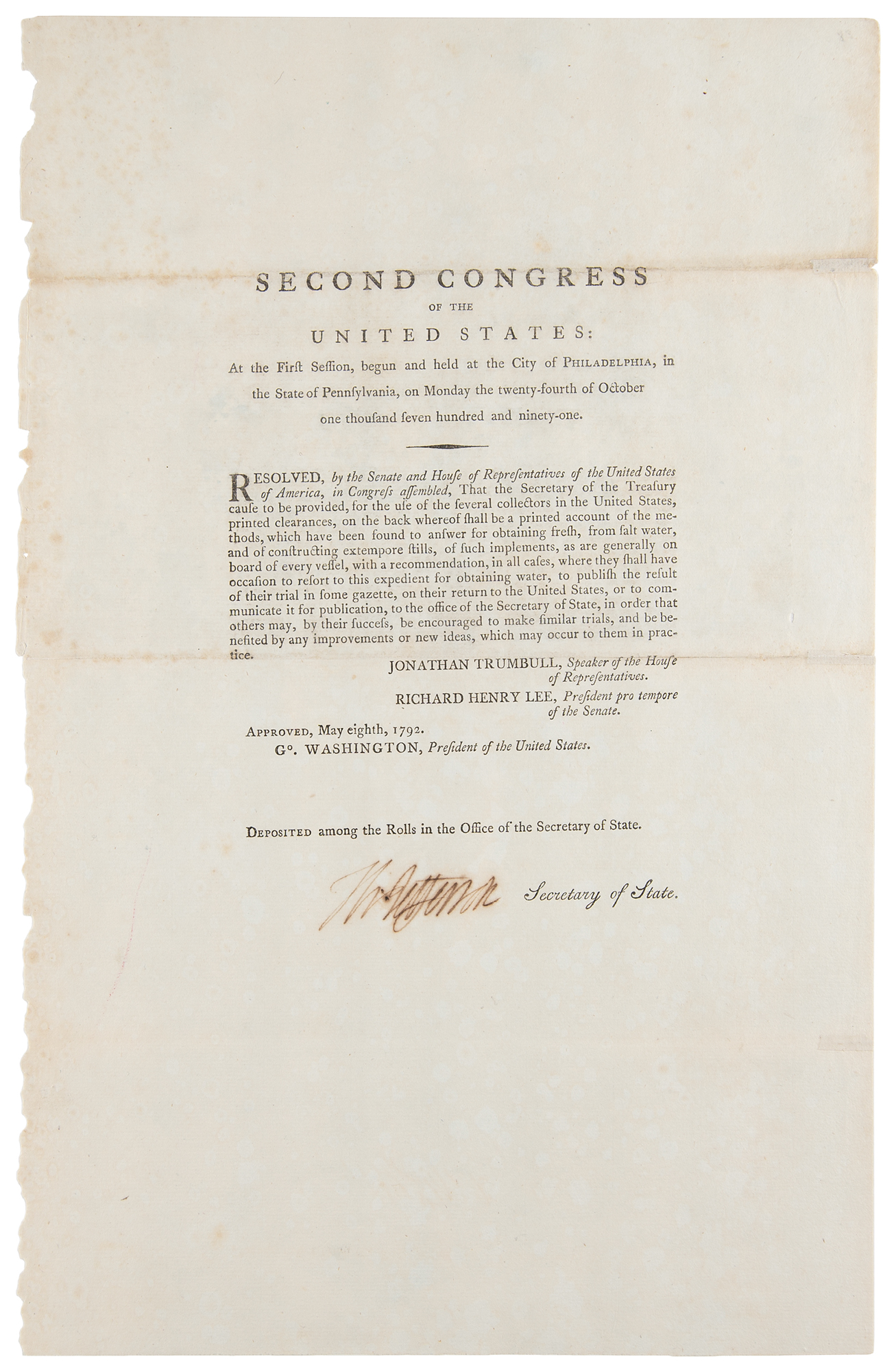 Thomas Jefferson Document Signed as Secretary of State, Promoting