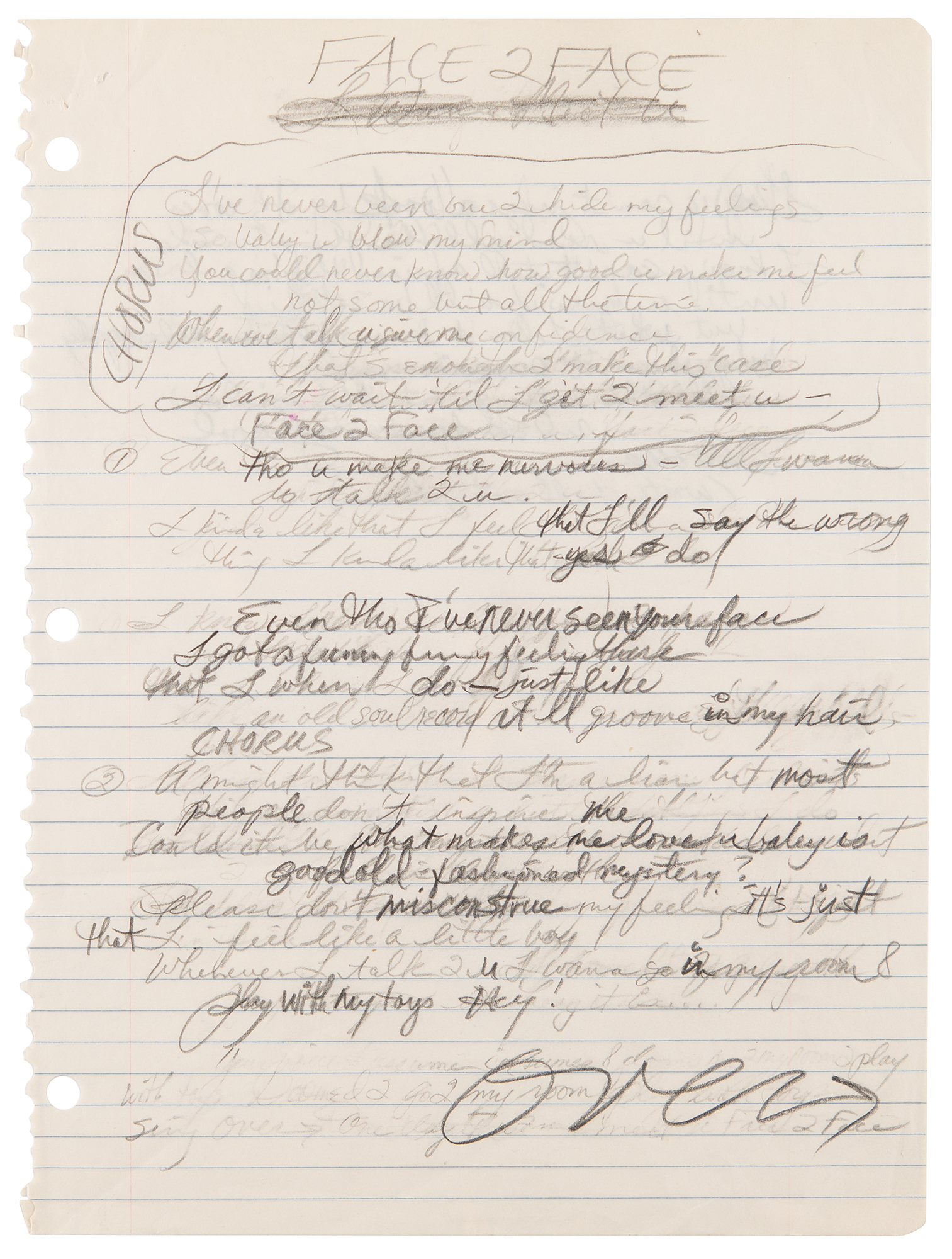 Prince Handwritten Song Lyrics for 'Face 2 Face' | RR Auction