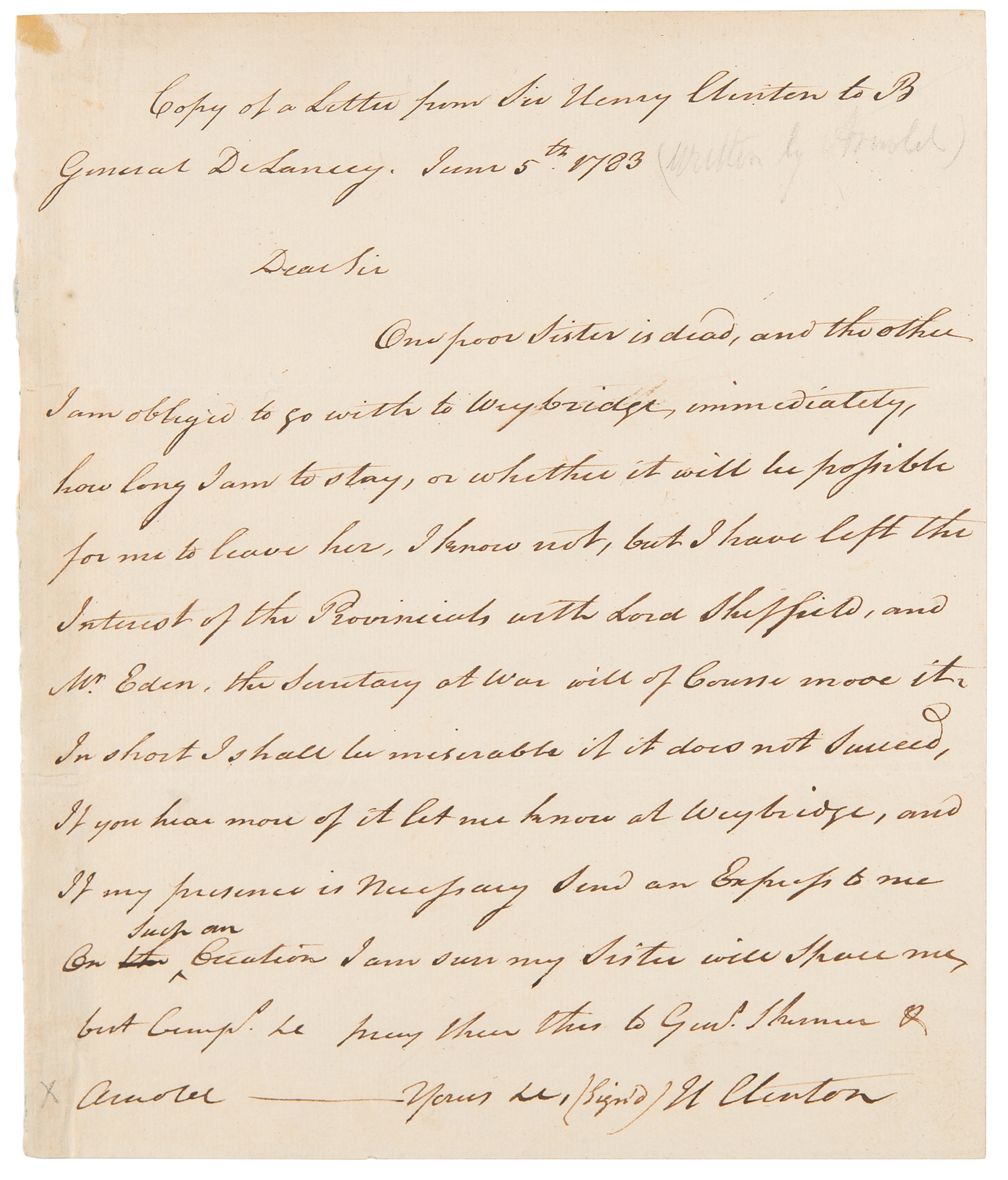 Benedict Arnold Revolutionary War–Dated Handwritten Letter (Copy