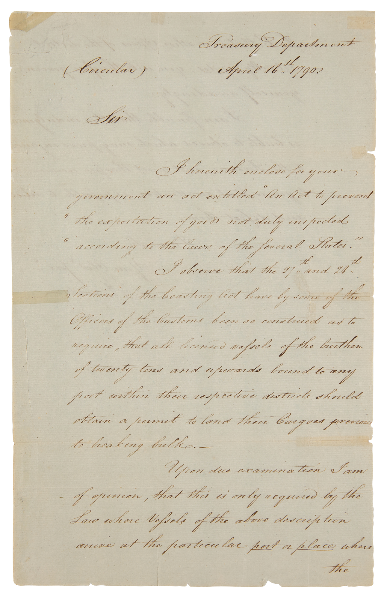 Alexander Hamilton Letter Signed as Treasury Secretary on Customs