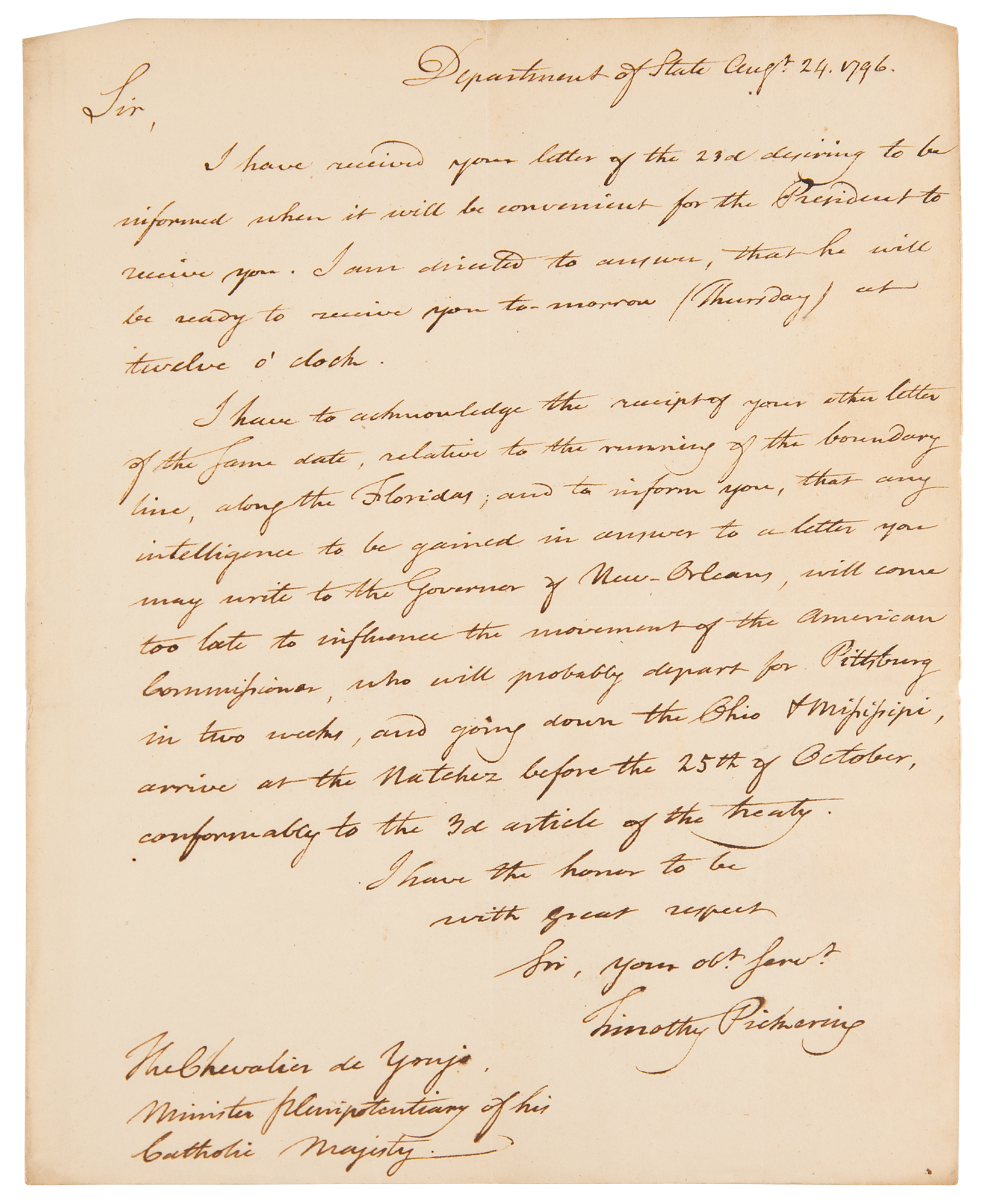 Timothy Pickering Autograph Letter Signed to Spanish Diplomat on