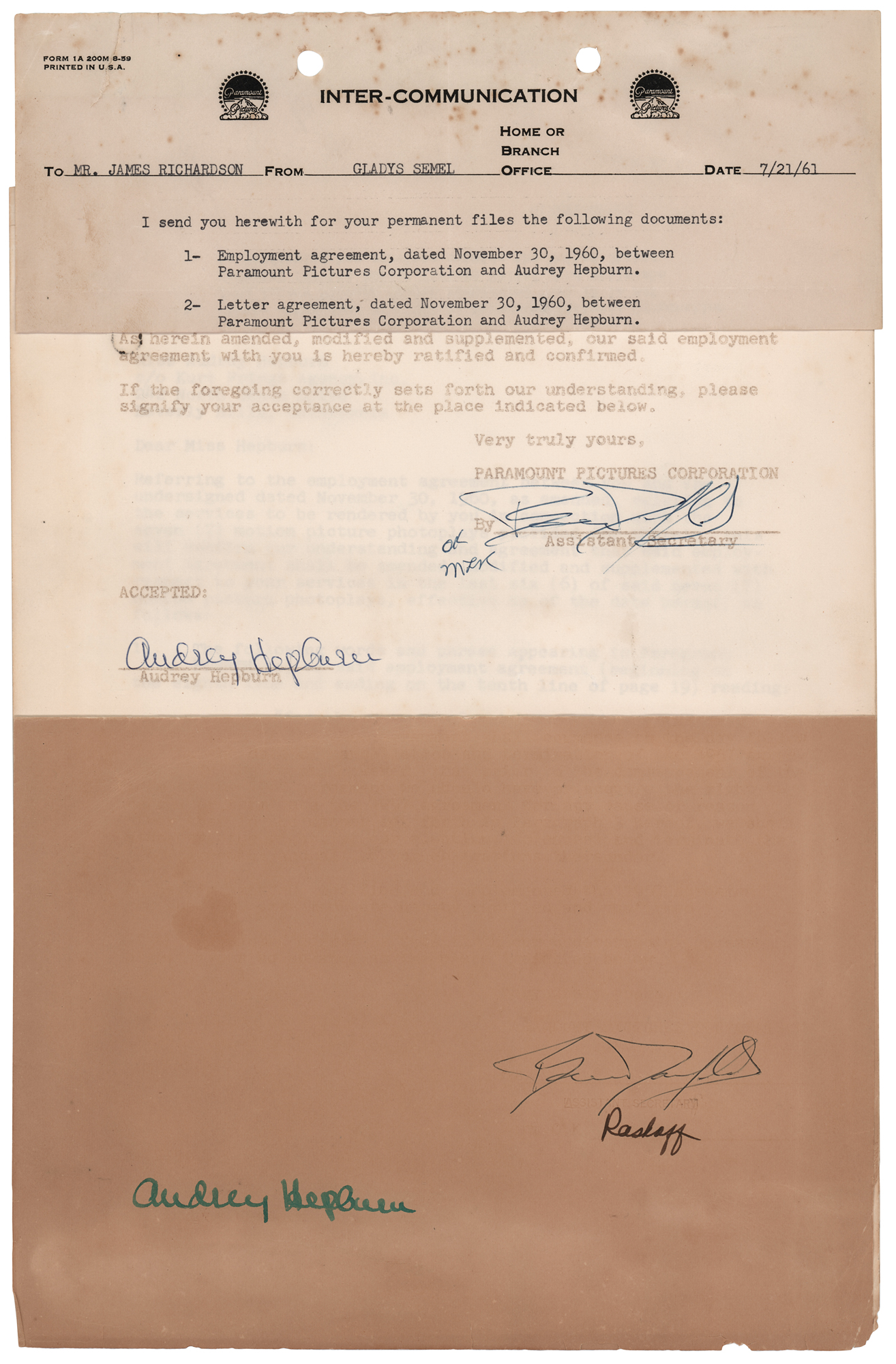Audrey Hepburn (2) Document Signatures | RR Auction