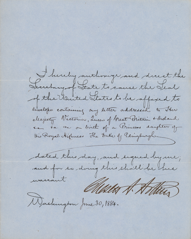 President Chester A. Arthur Congratulates Queen Victoria on the Birth