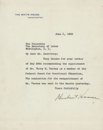 Herbert Hoover Typed Letter Signed as President to the Secretary of