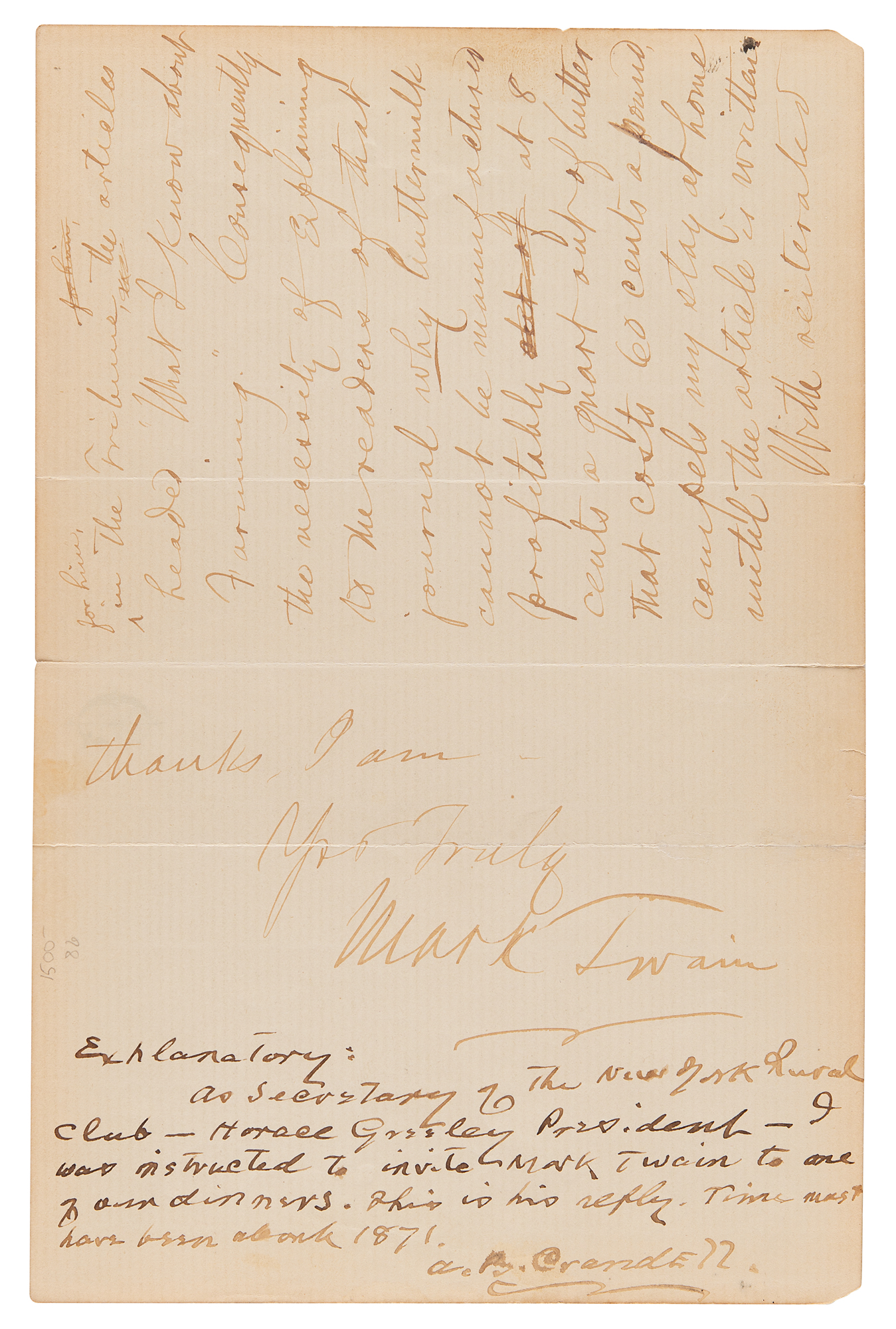 Samuel L. Clemens Autograph Letter Signed as "Mark Twain"