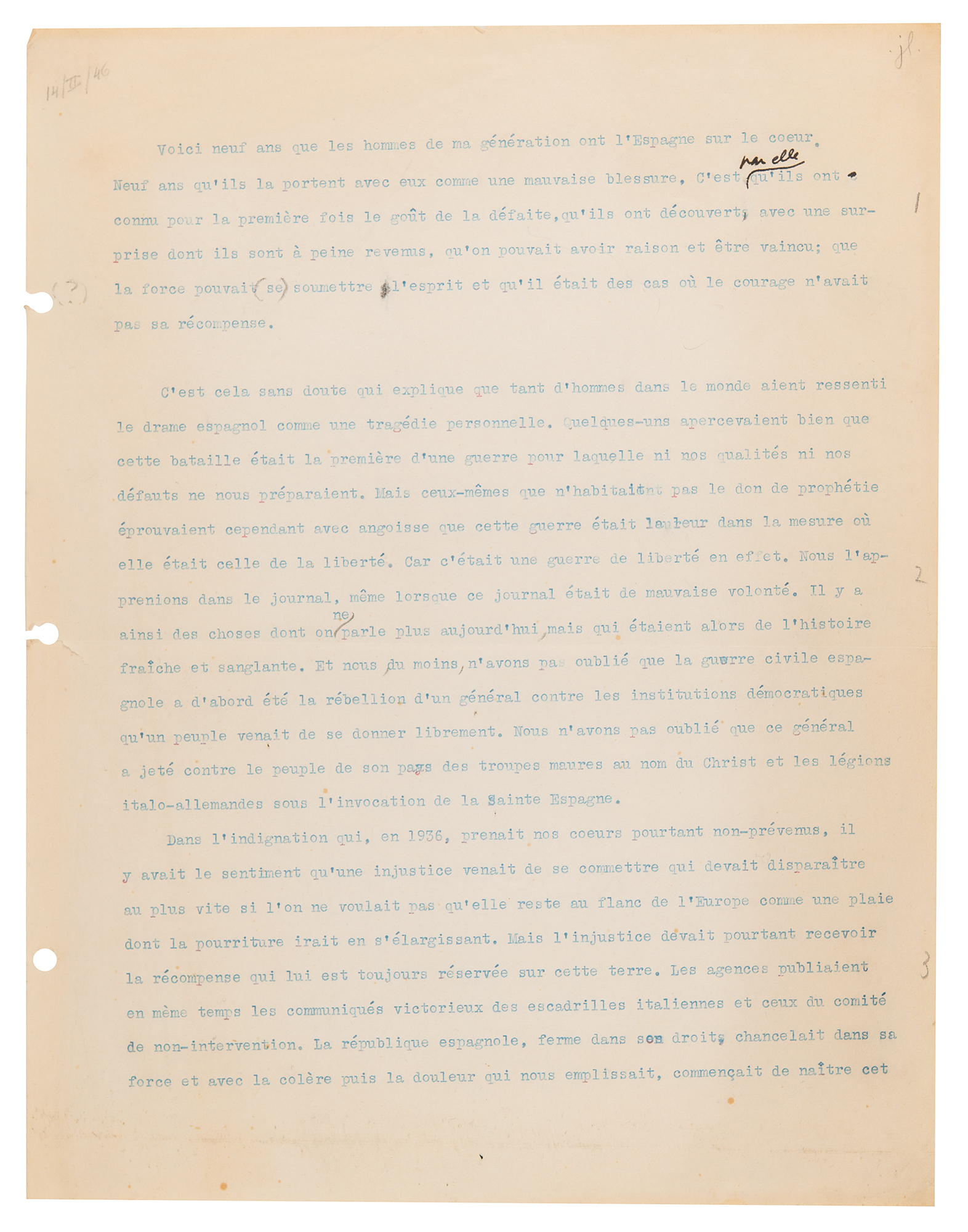 Albert Camus Hand-Corrected Typed Manuscript for His Preface to the