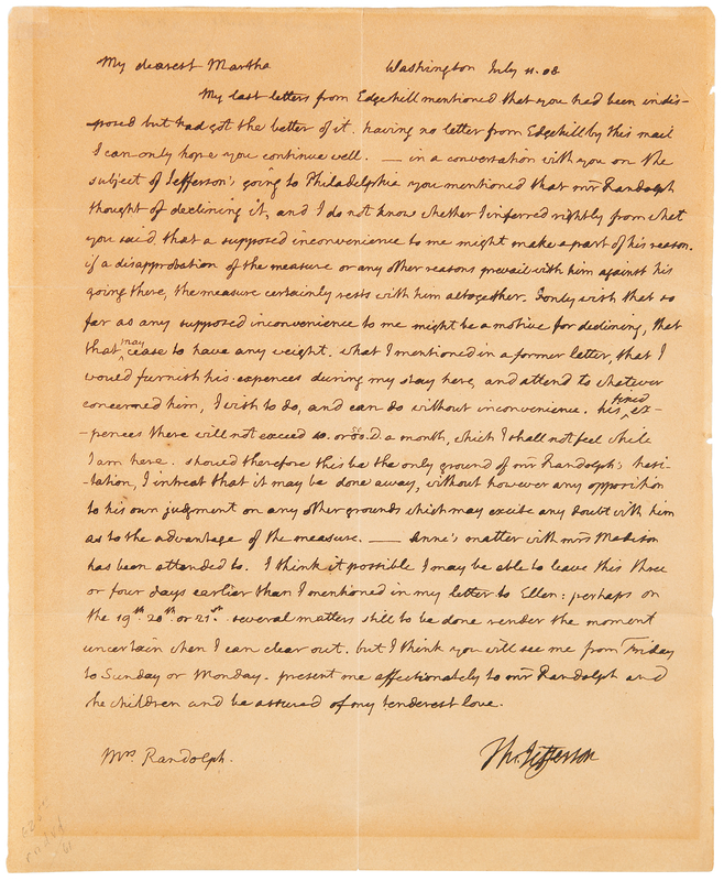 Thomas Jefferson Polygraph Letter as President to His Daughter,