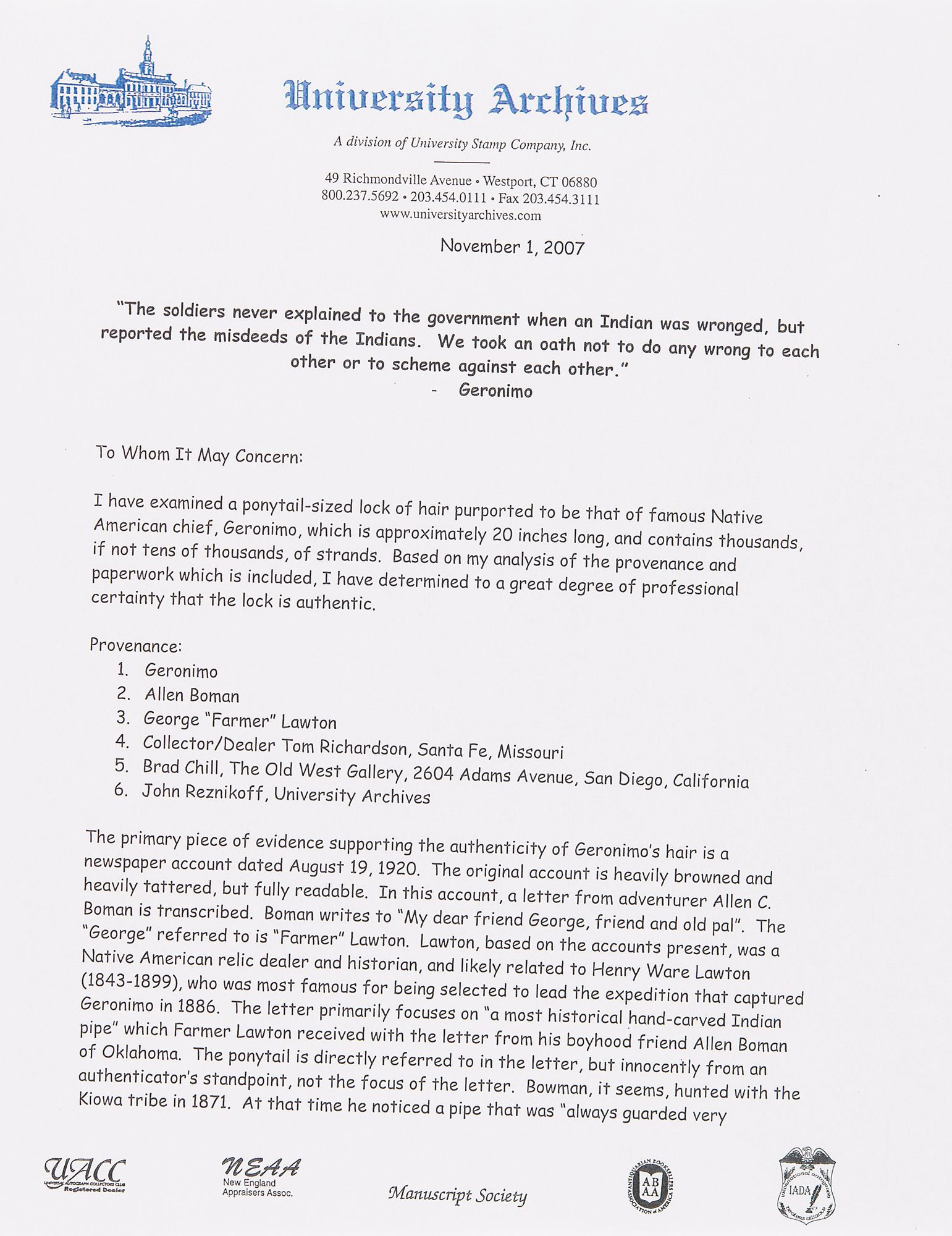 Geronimo: Large, Well-Documented Lock of Hair from the Apache