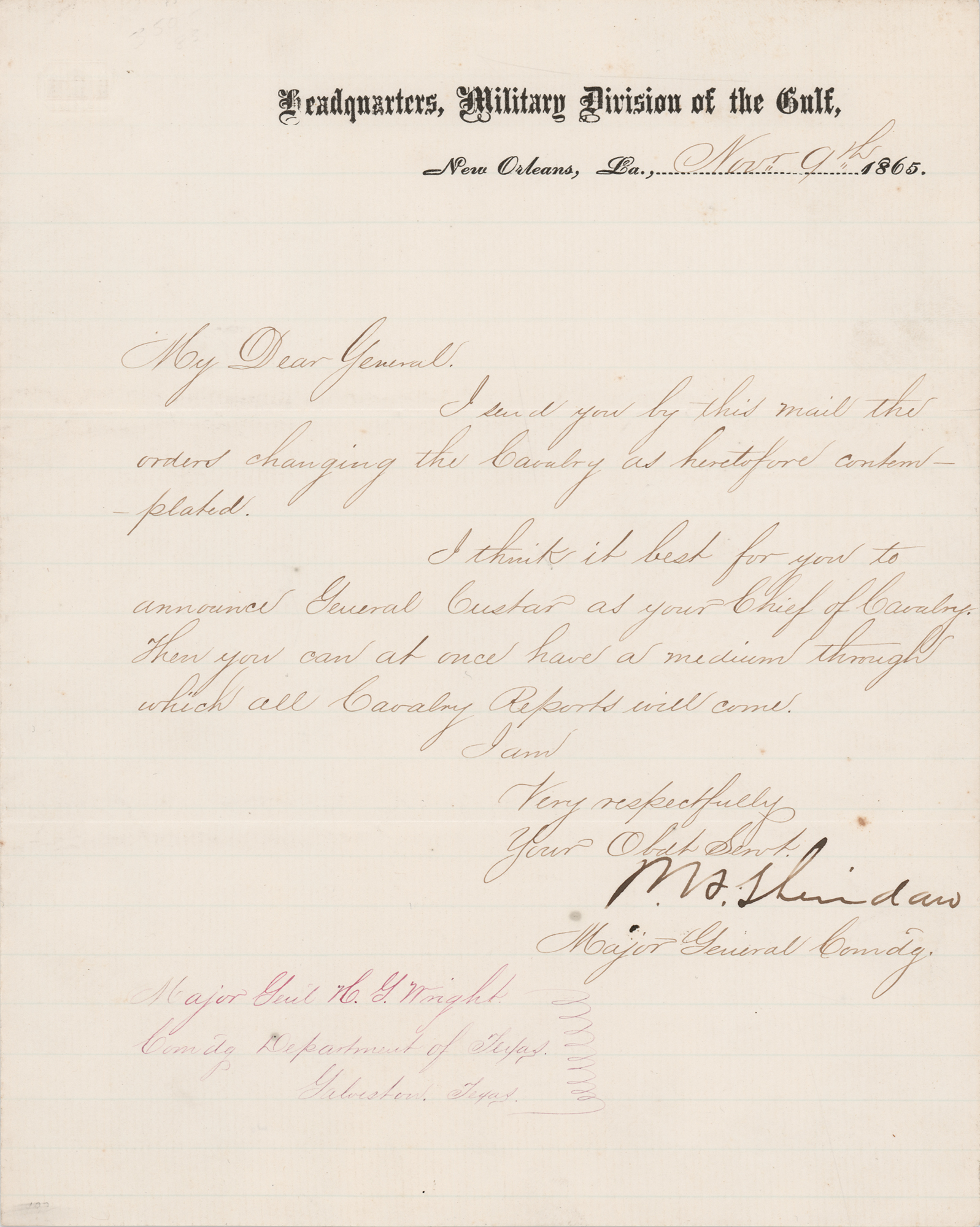 Philip H. Sheridan Letter Signed to Gen. Horatio Wright: "I think