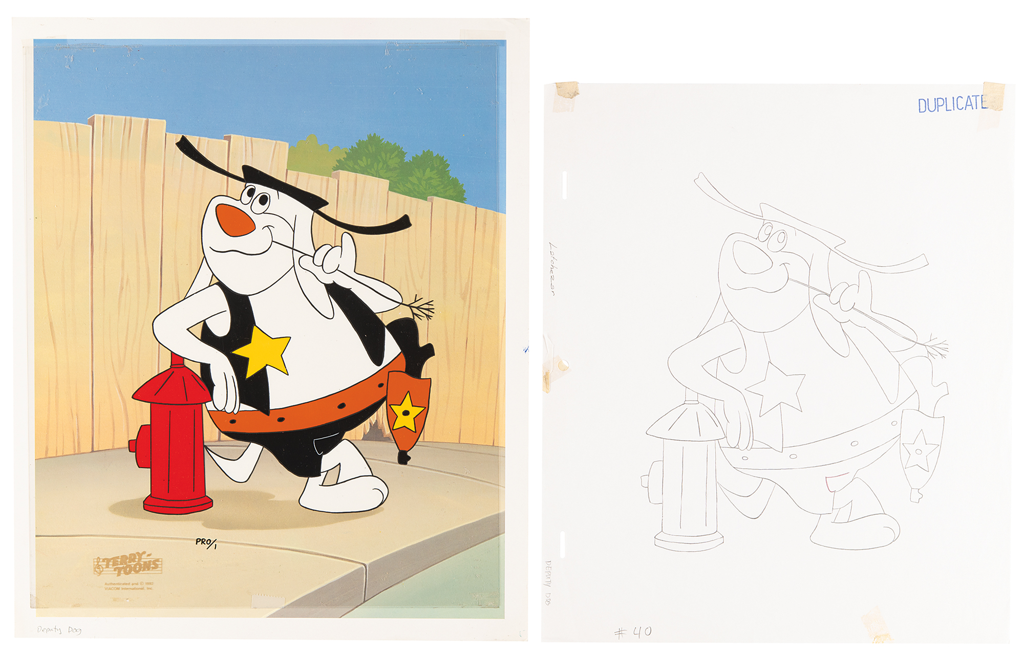 Terrytoons color model cel and production drawing for a Deputy Dawg