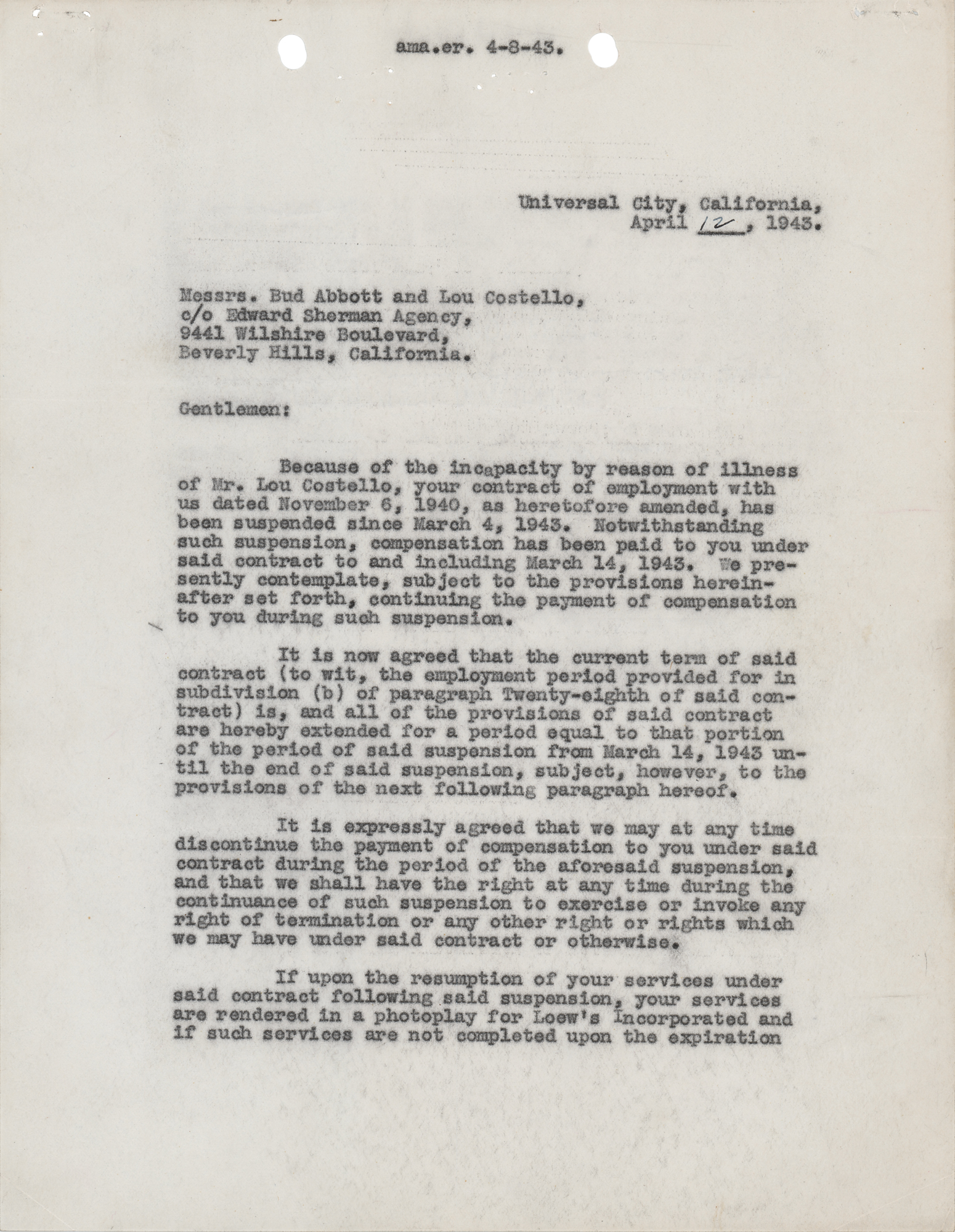 Abbott and Costello Document Signed - Universal Contract Suspension