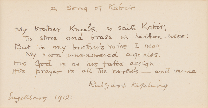 Rudyard Kipling Original Handwritten Poem - 'A Song of Kabir' or 'The