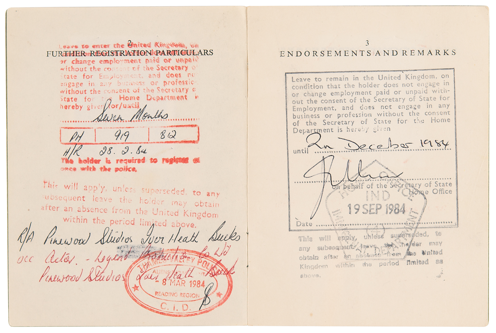 Tom Cruise’s UK Certificate of Registration Booklet, Signed with