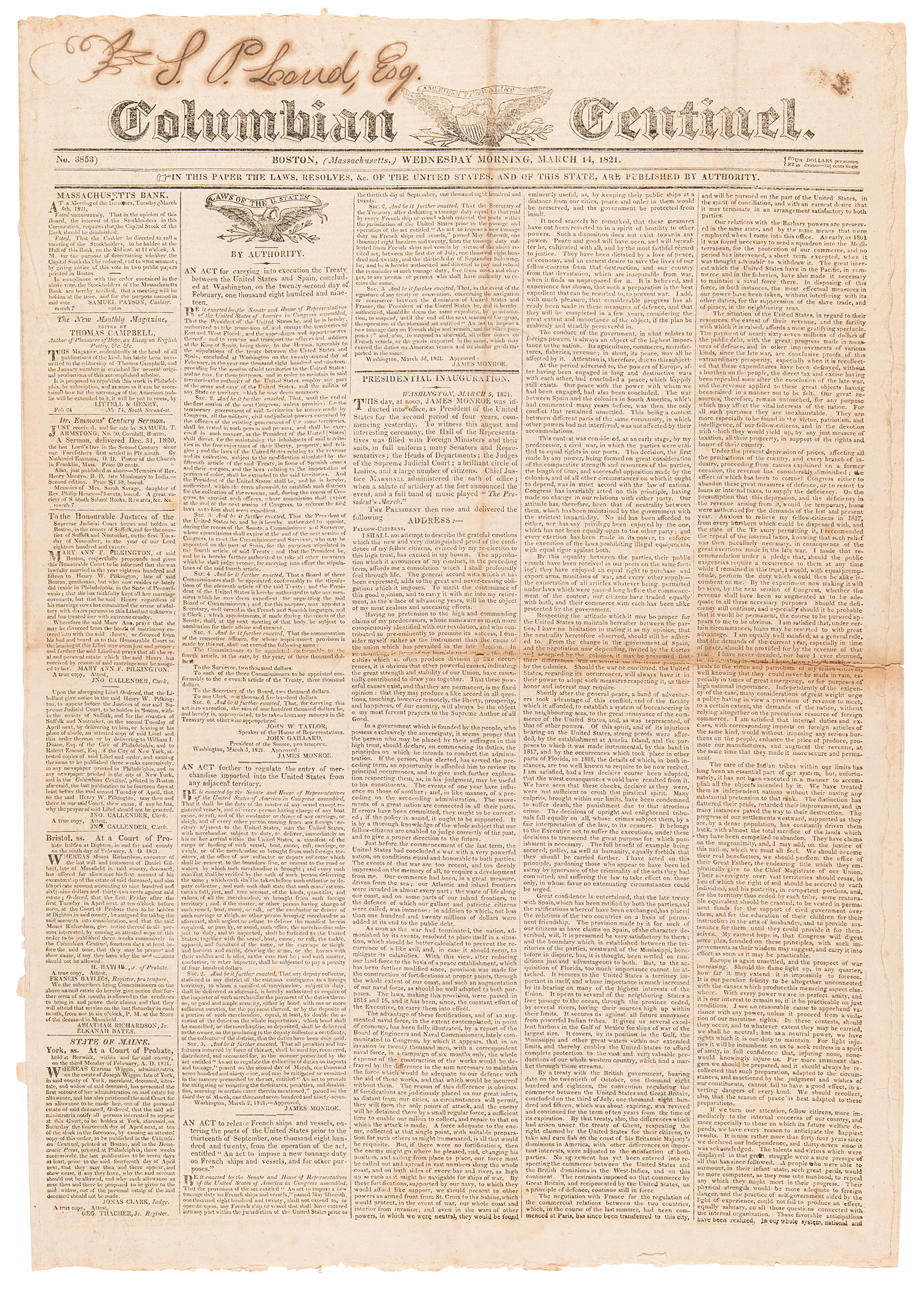 James Monroe's Inauguration: Colombian Centinel from March 14, 1821