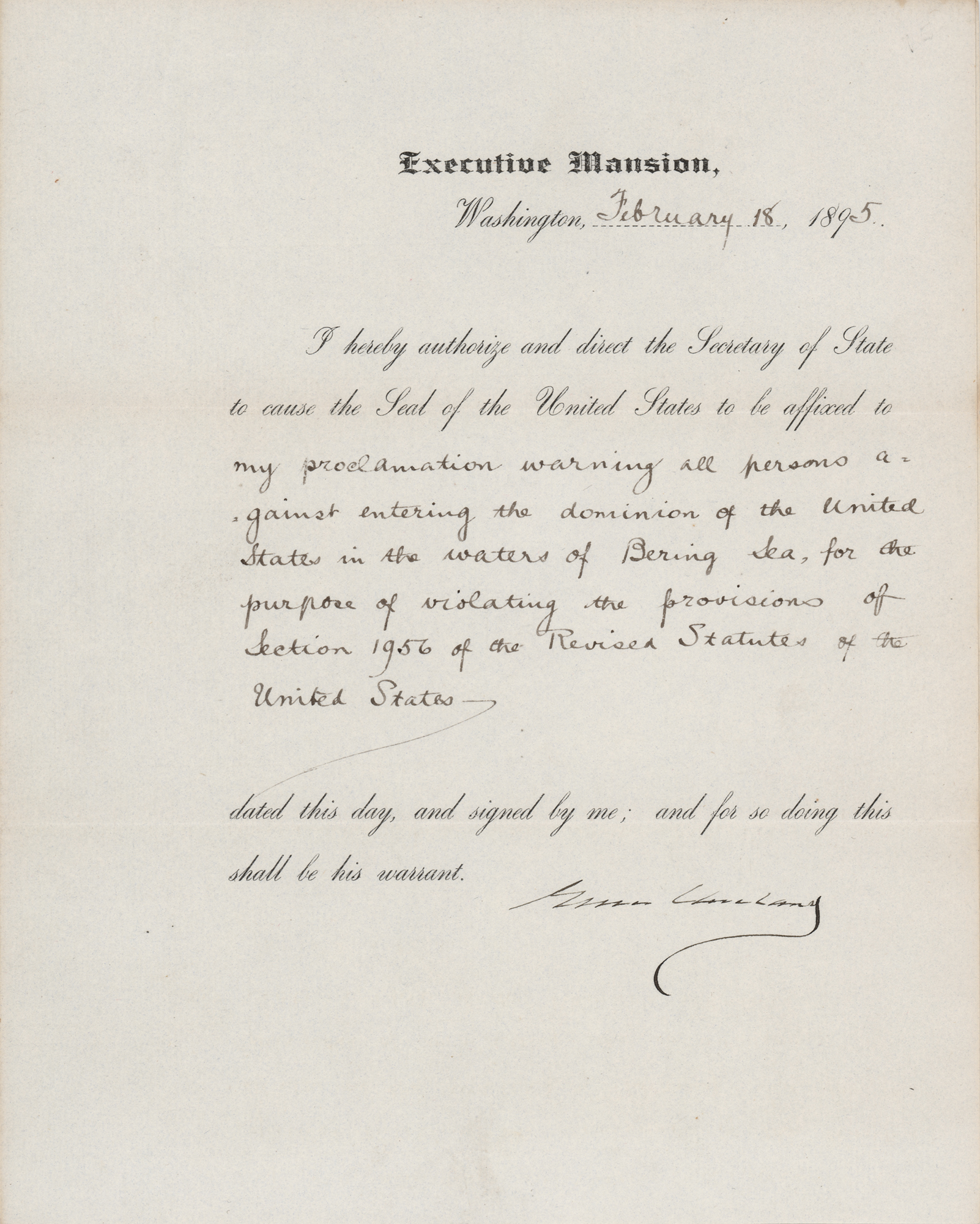 Grover Cleveland Document Signed as President, Warning Against