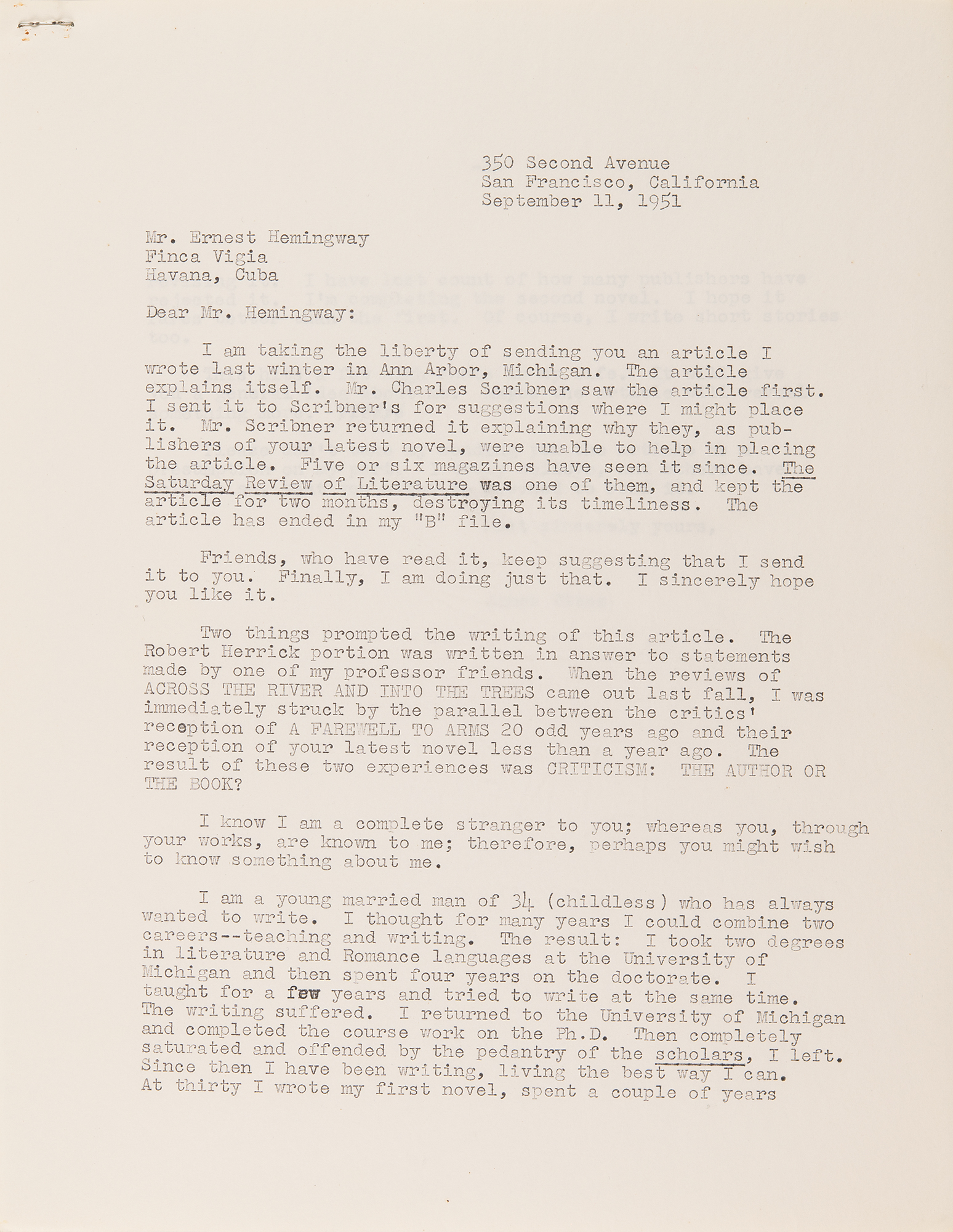 Ernest Hemingway Autograph Letter Signed on His Critics, the Toil of