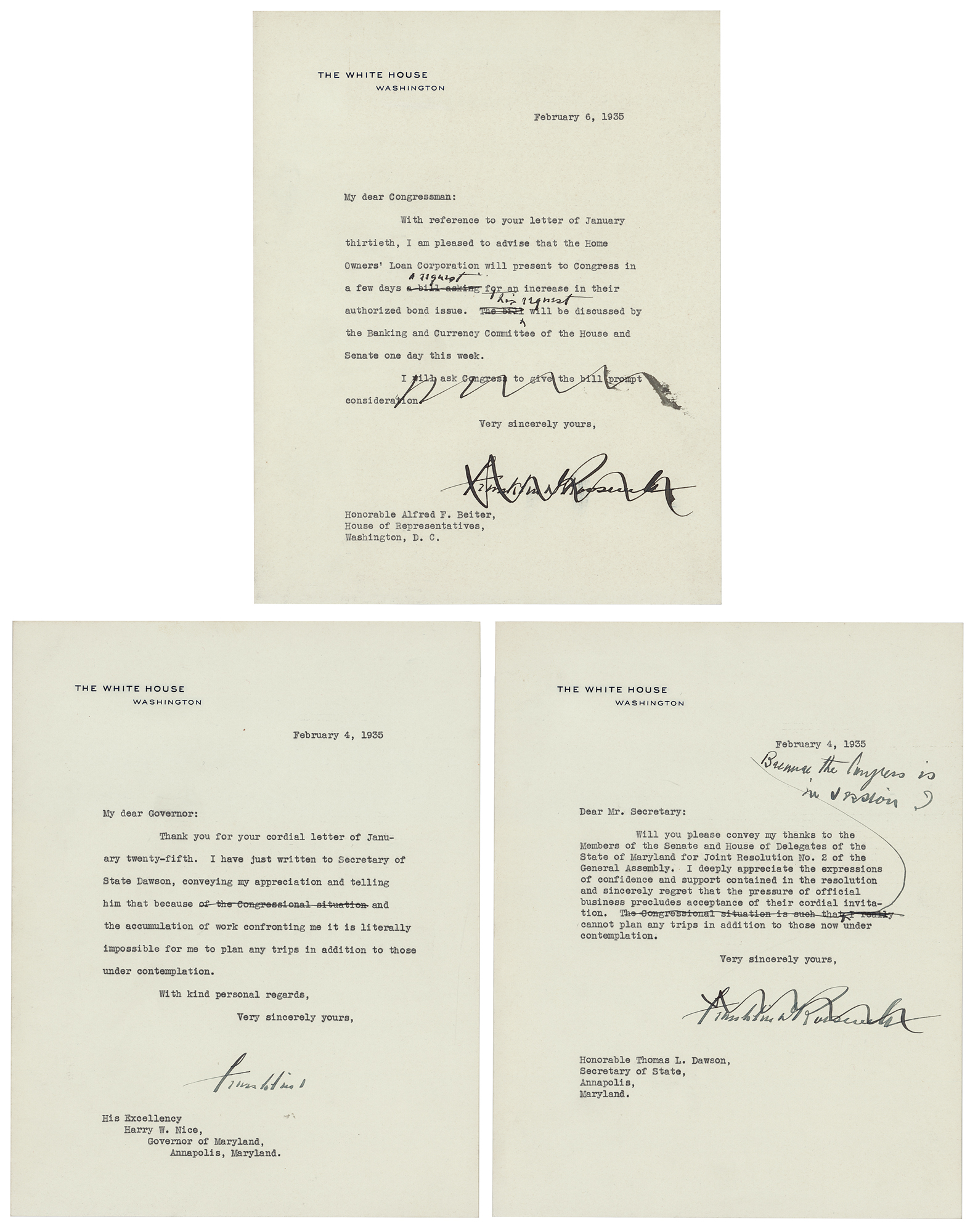 Franklin D. Roosevelt (3) Typed Draft Letters Signed as President | RR