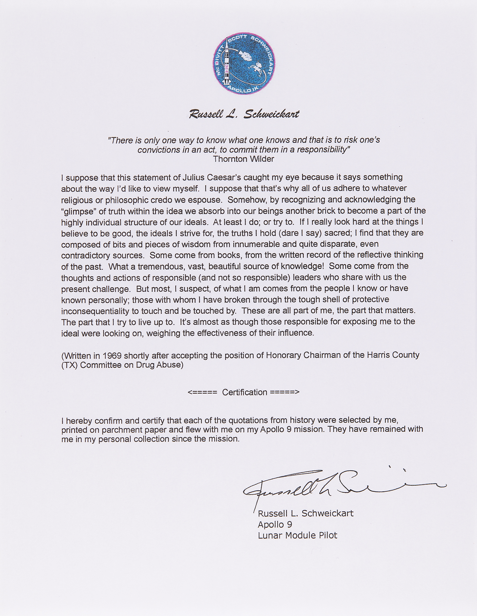 Apollo 9 Flown Printed Quote Signed and Flight-Certified by Rusty