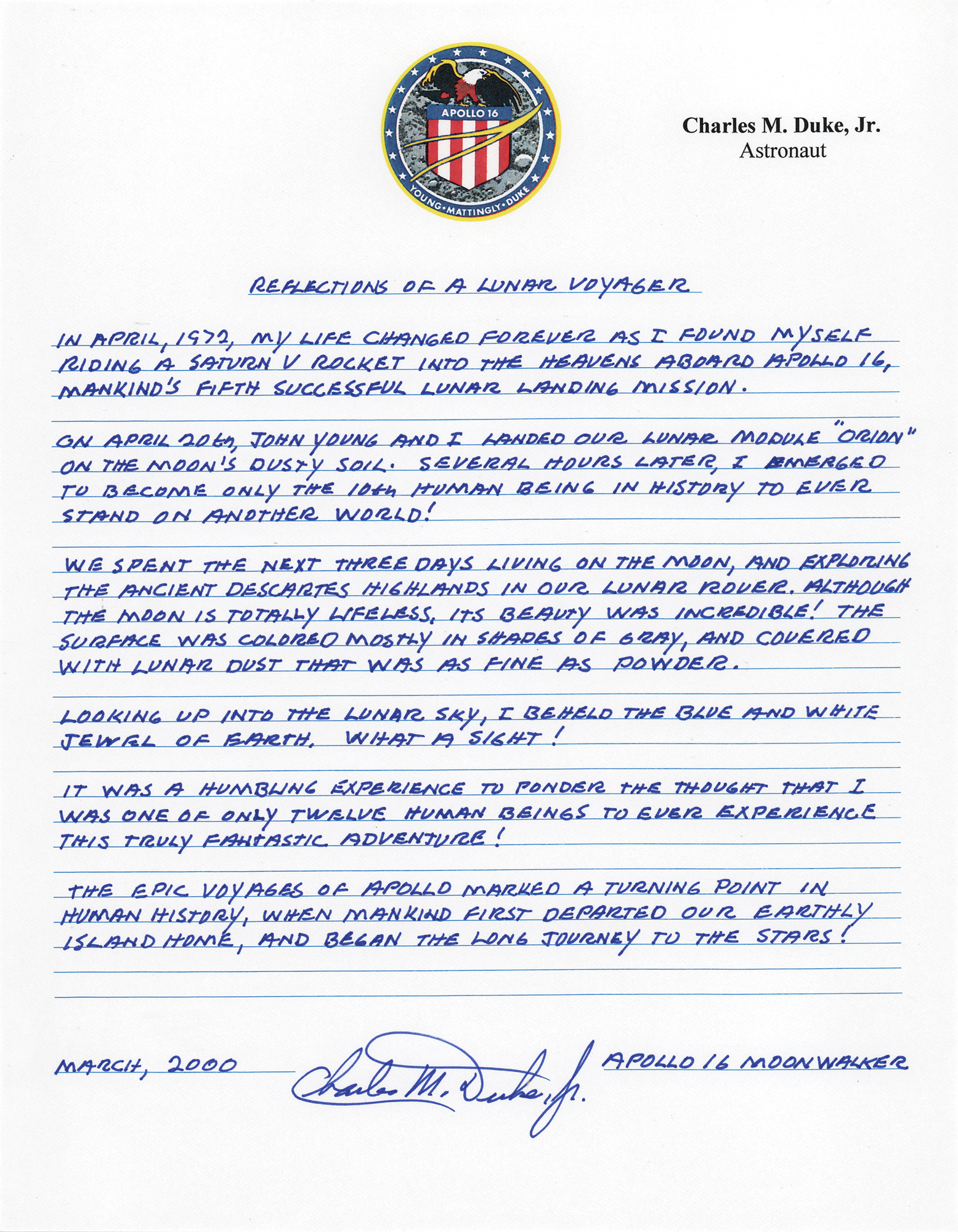 Charlie Duke Autograph Manuscript Signed: "Reflections of a Lunar