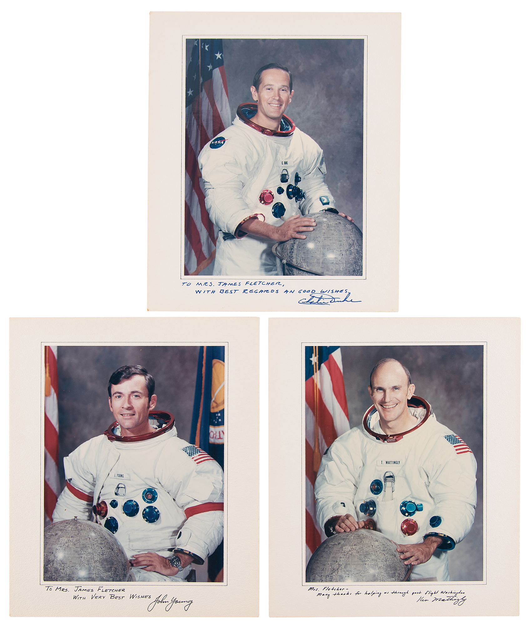 Apollo 16 (3) Signed Photographs - Young, Duke, and Mattingly | RR