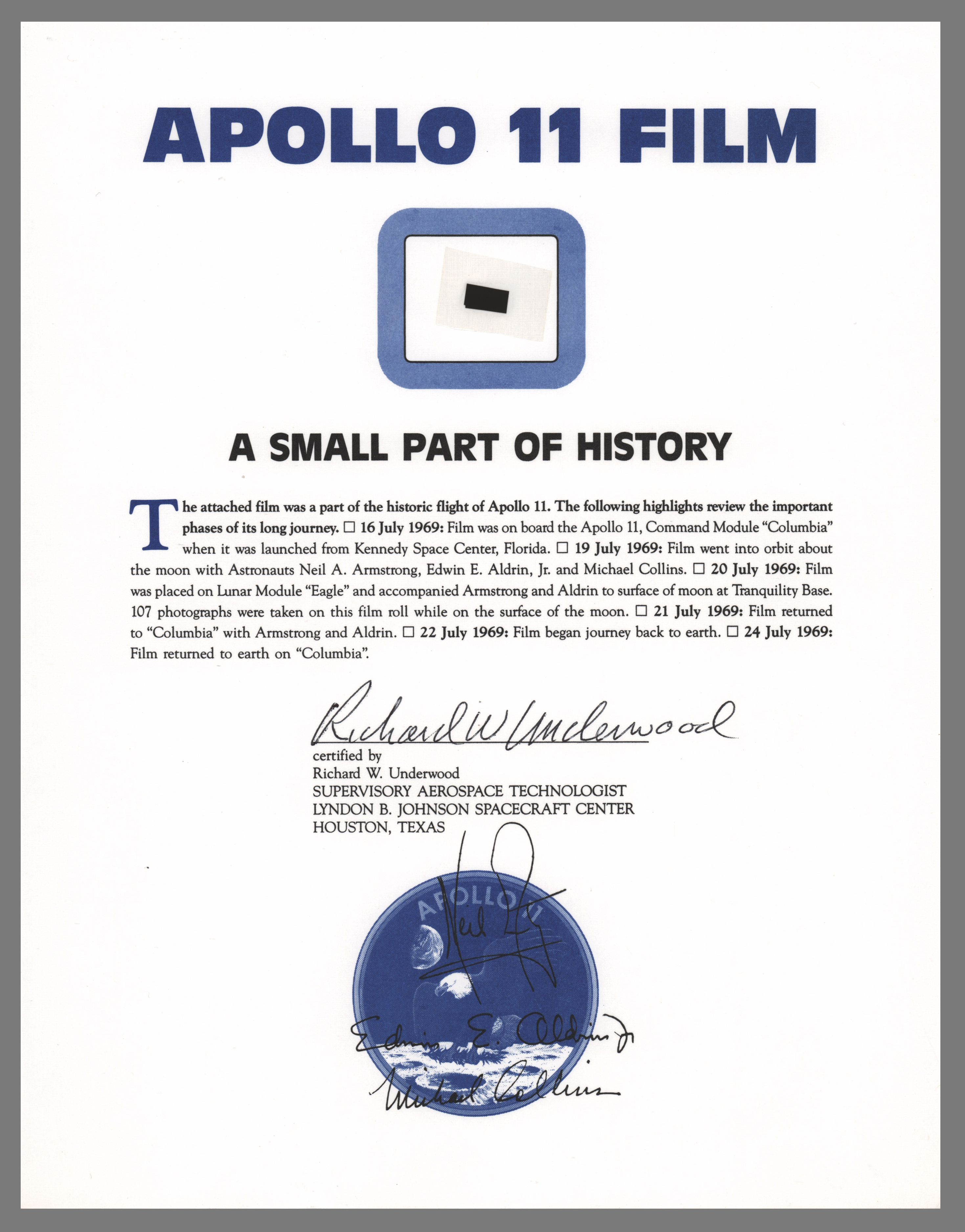 Apollo 11 Flown Film Fragment | RR Auction