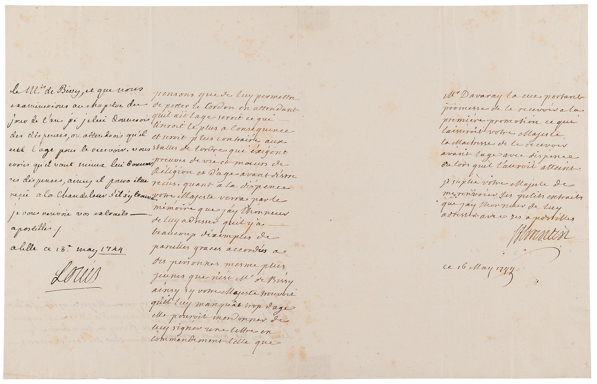 King Louis XV Autograph Letter Signed on the Ordination of a Knight