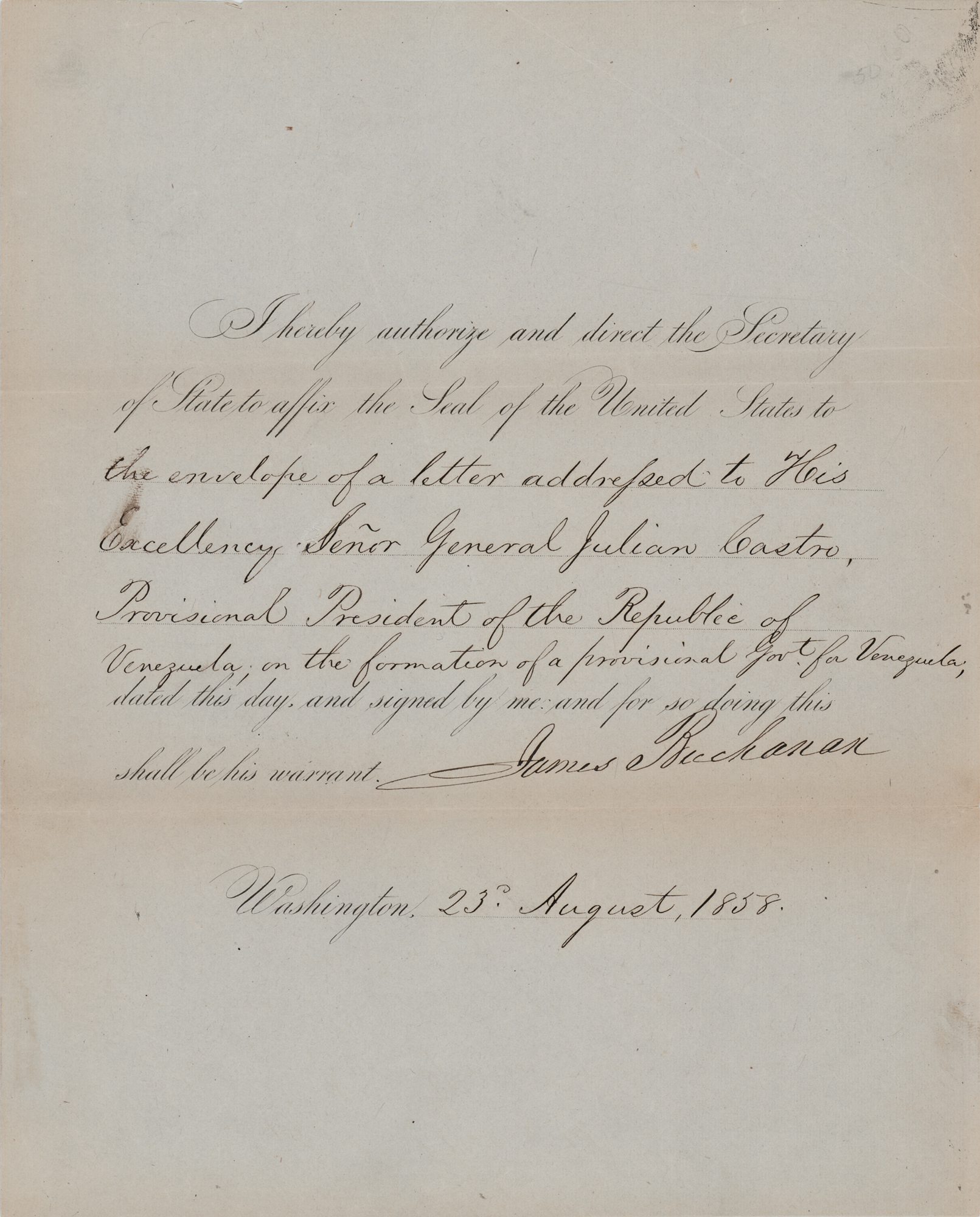 James Buchanan Document Signed as President, Formalizing a Provisional