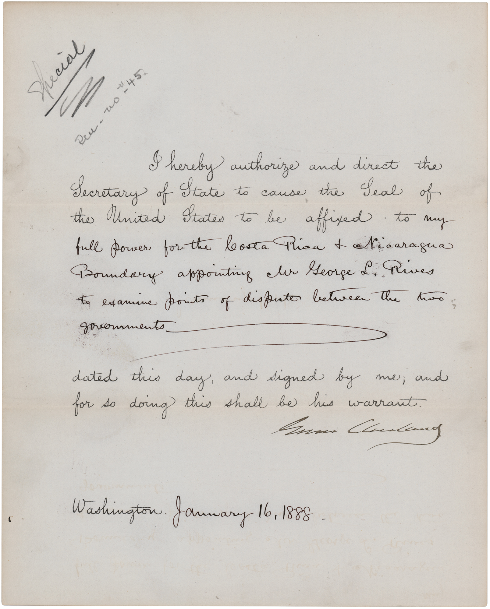 Grover Cleveland Document Signed as President, Examining a Boundary