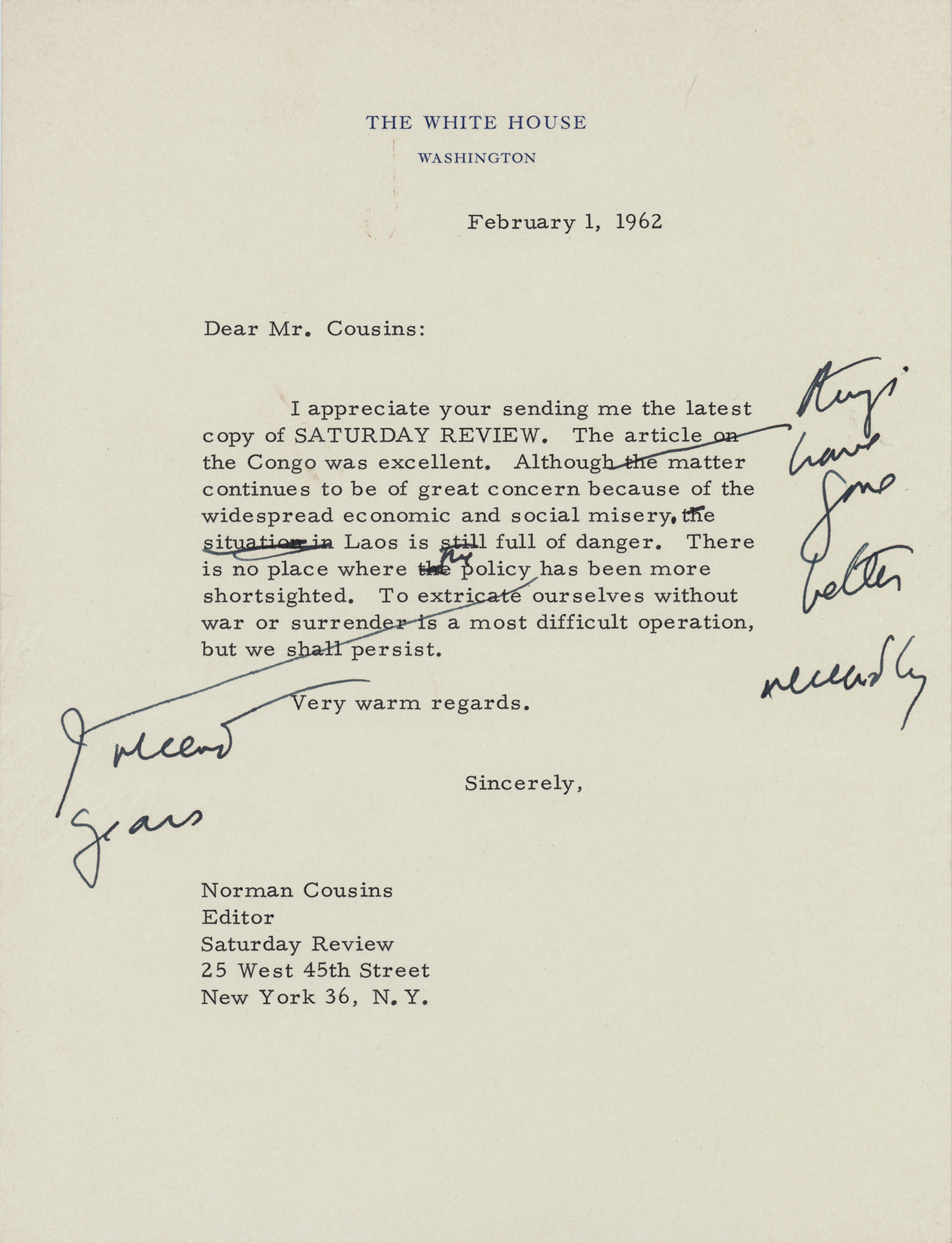 John F. Kennedy Typed Draft Letter as President - "Laos is still
