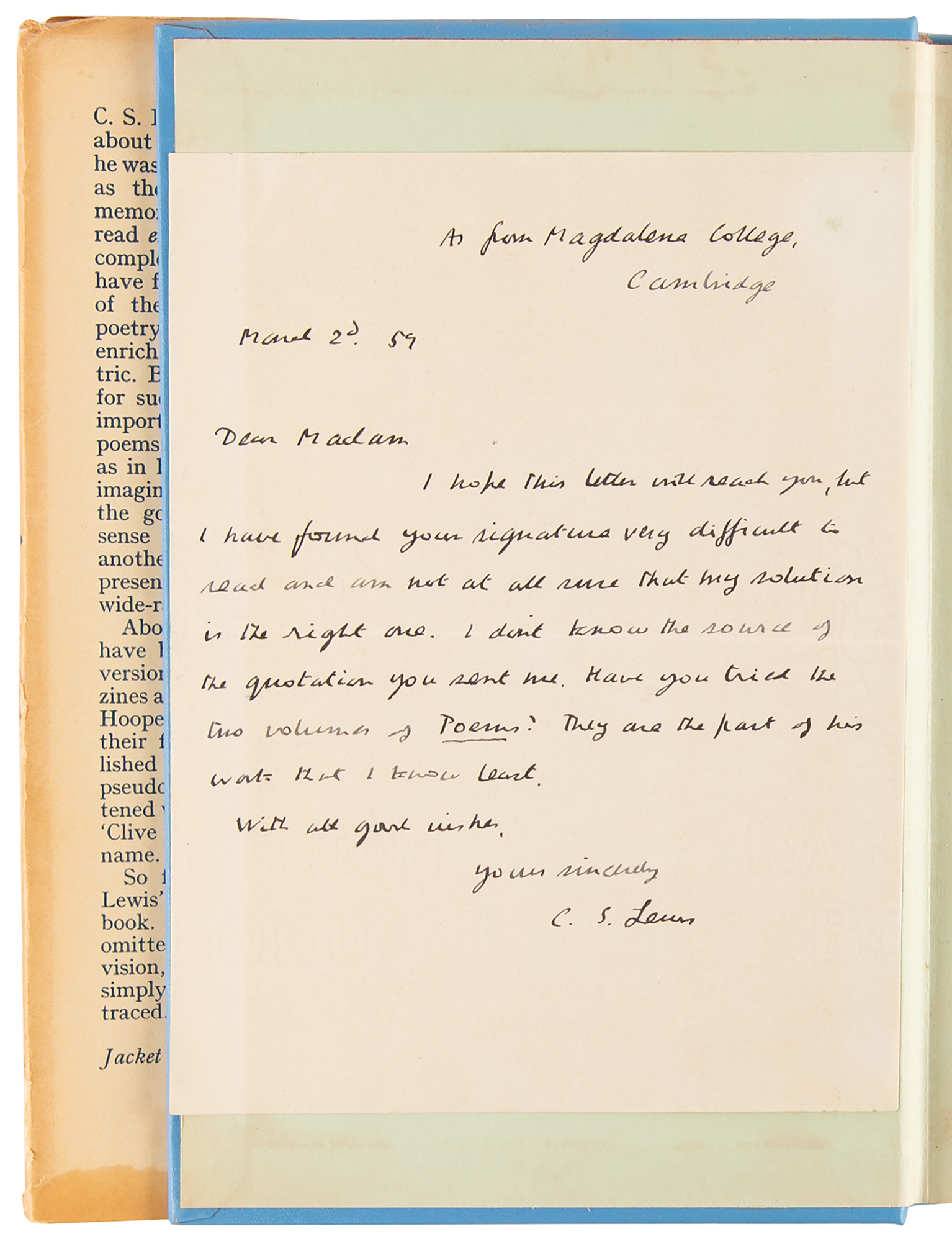C. S. Lewis Autograph Letter Signed, in a First Edition of His