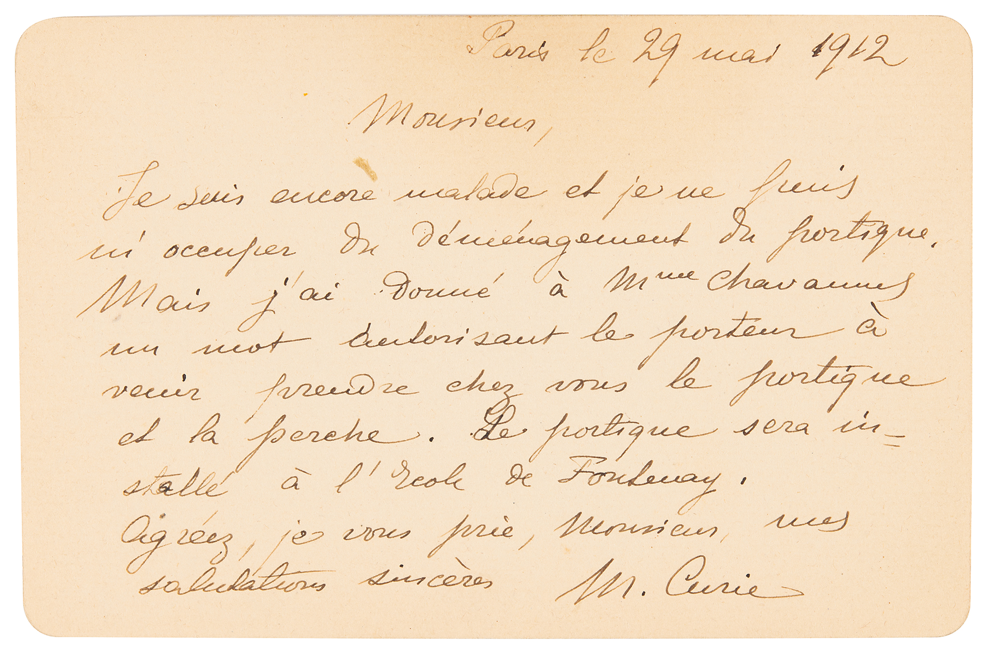Marie Curie Autograph Letter Signed, Dated Shortly After the Reception