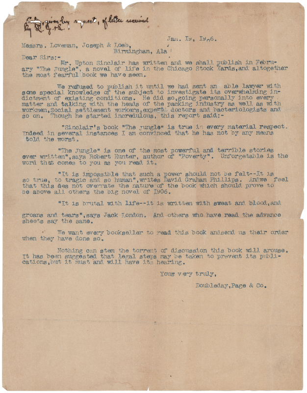 Upton Sinclair Autograph Letter Signed: "The Jungle will be