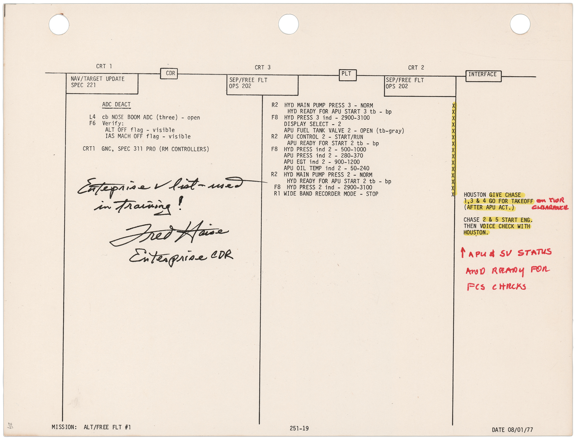 Fred Haise Signed Space Shuttle Enterprise ALT Checklist Page | RR