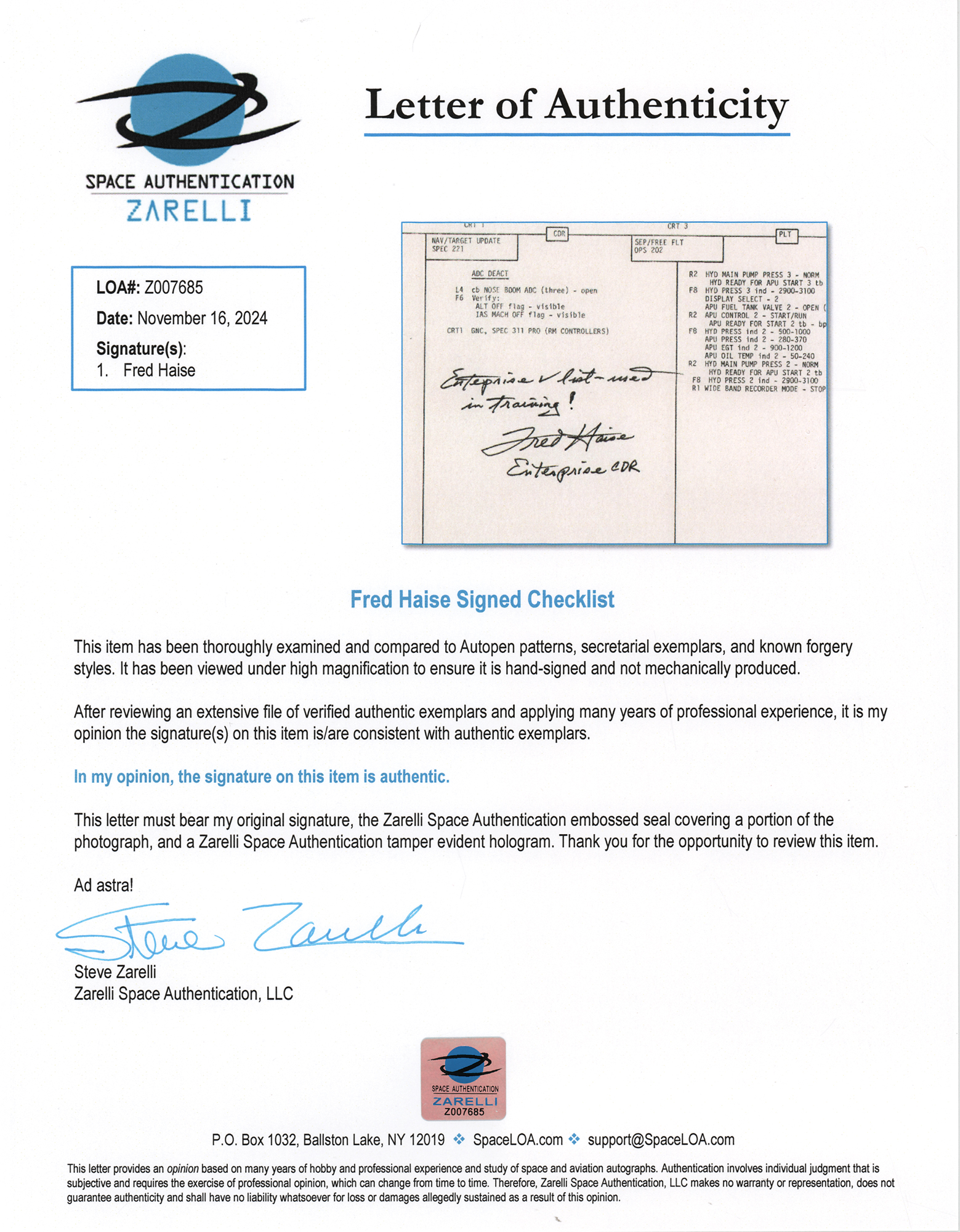 Fred Haise Signed Space Shuttle Enterprise ALT Checklist Page | RR