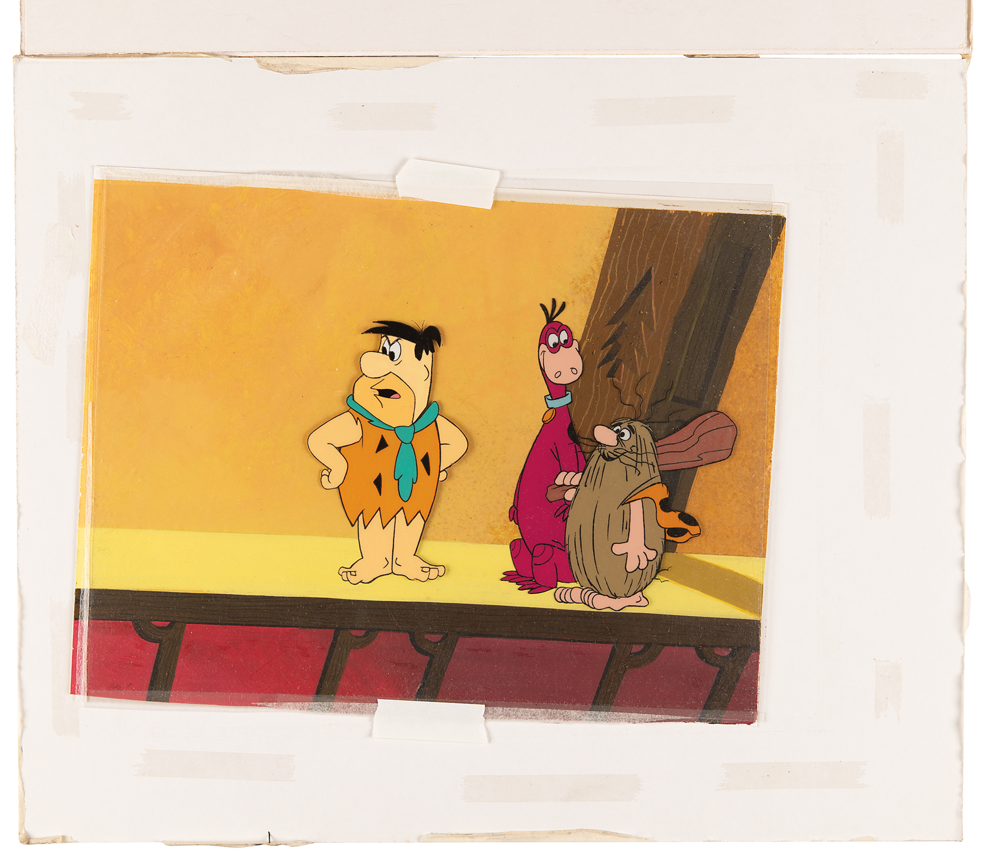 Fred, Dino, and Captain Caveman production cels from The Flintstones