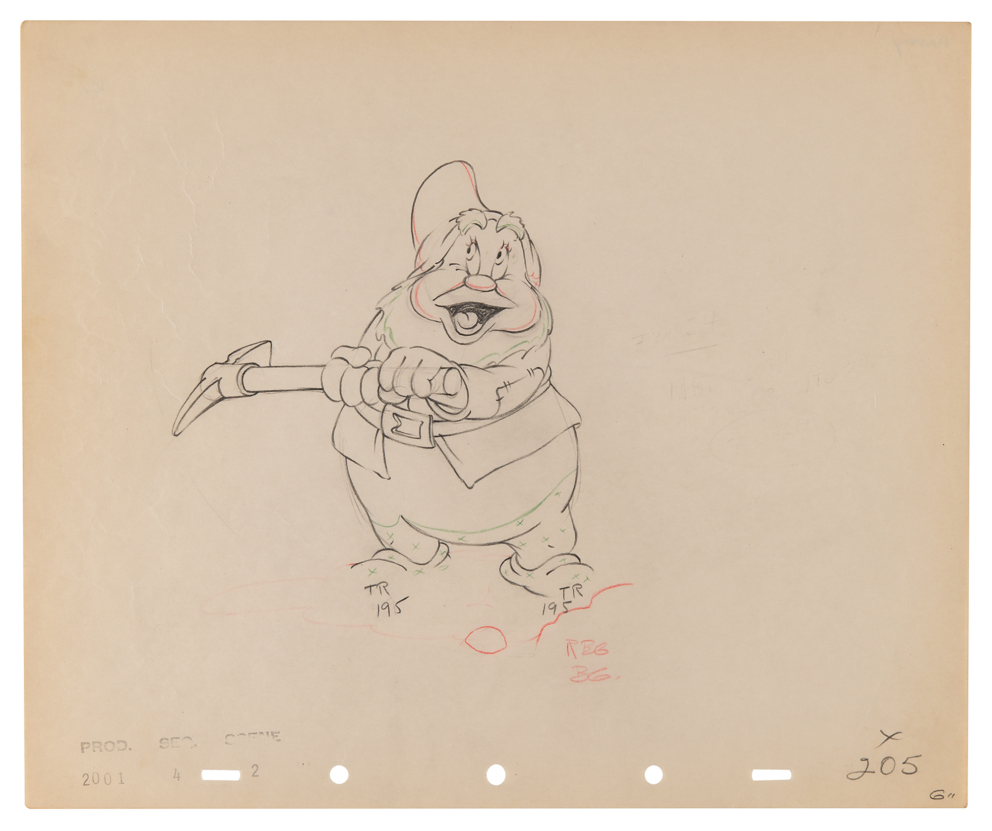 Sneezy, Bashful, Happy, Grumpy, and Doc production drawings (5) from