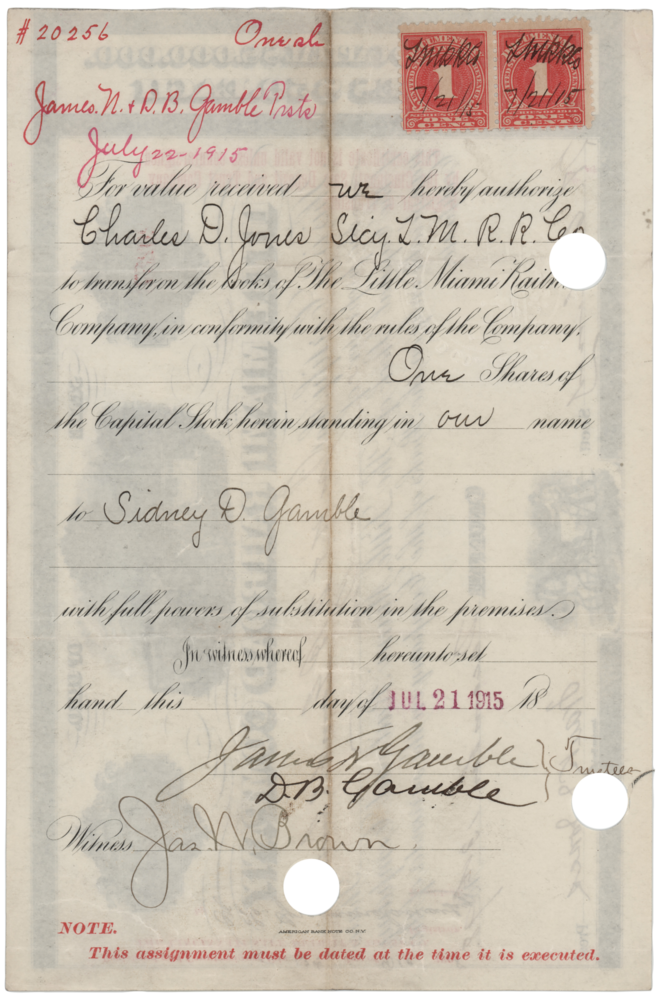 James Norris Gamble and David Berry Gamble Signed Stock Certificate