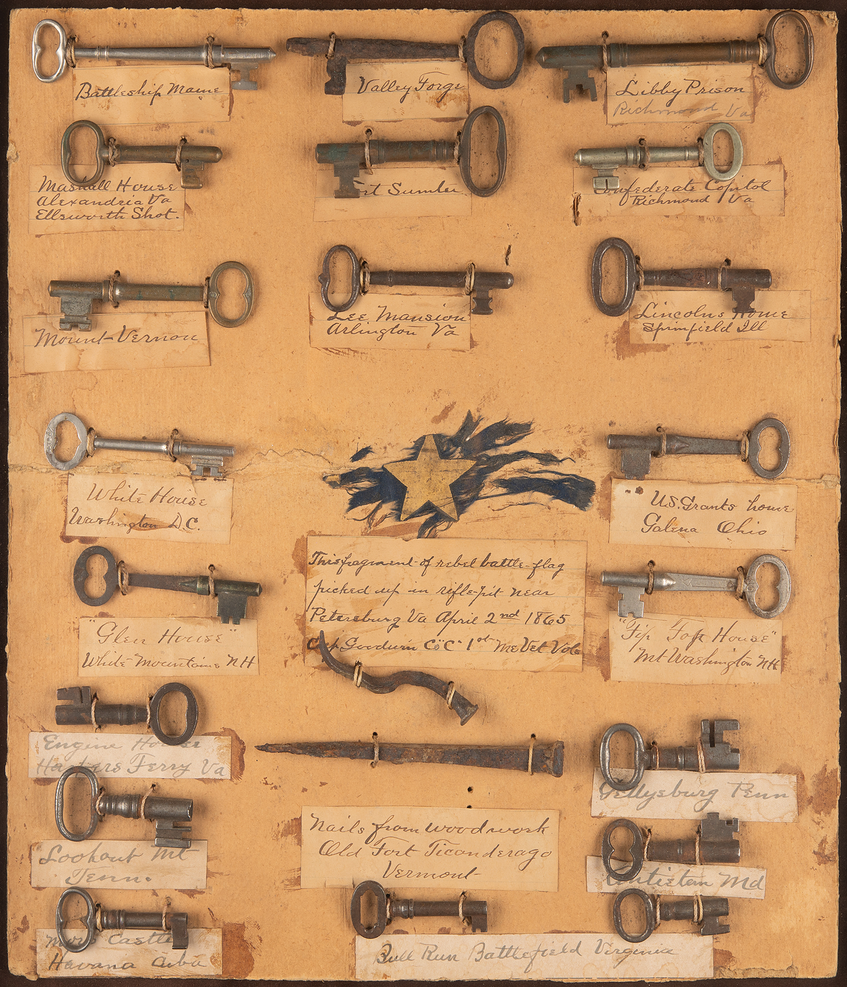 American History Artifacts (23) with Keys, Nails, and Flag Fragment