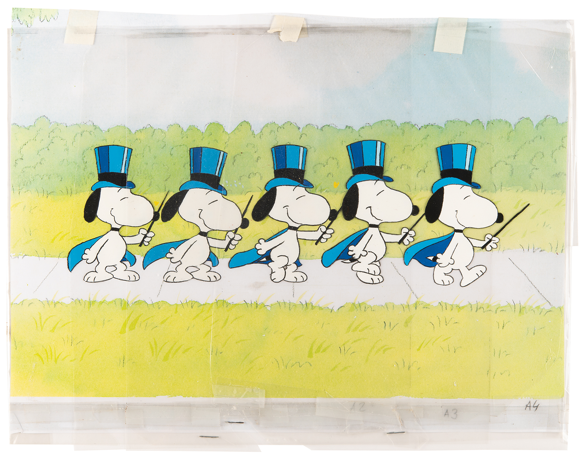 Snoopy (5) production cels from a Peanuts television cartoon or