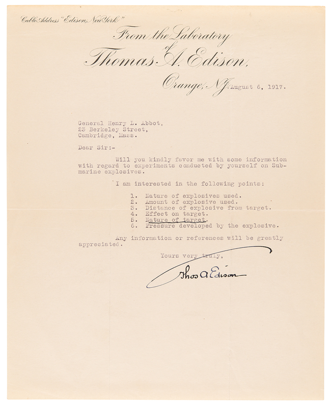 Thomas Edison World War I-Dated Typed Letter Signed on Submarine