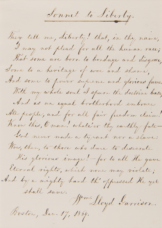 William Lloyd Garrison Autograph Letter Signed and "Sonnet to