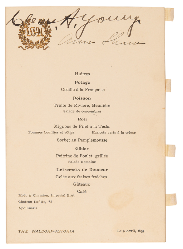 Nikola Tesla Signed Waldorf-Astoria Menu (1899), Listing the Special