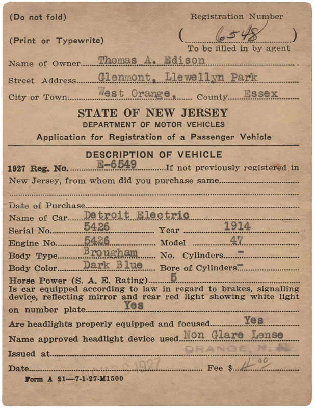Thomas Edison Document Signed - Electric Vehicle Registration (1914)