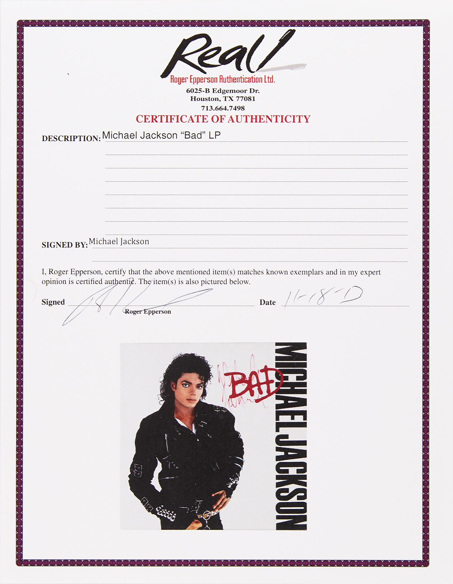 Michael Jackson Signed Album - Bad (Promotional Copy) | RR Auction