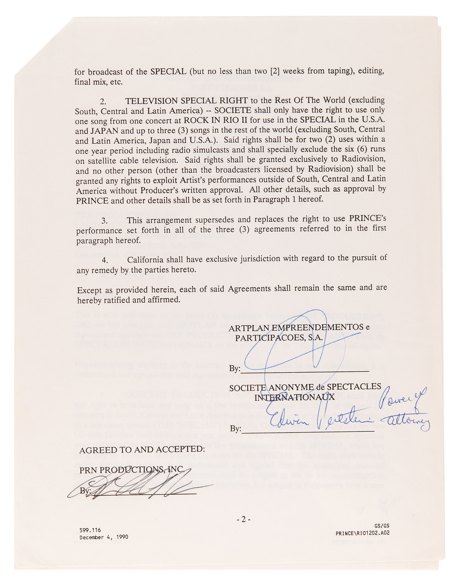 Prince Document Signed for the 1991 'Rock in Rio 2' Festival | RR