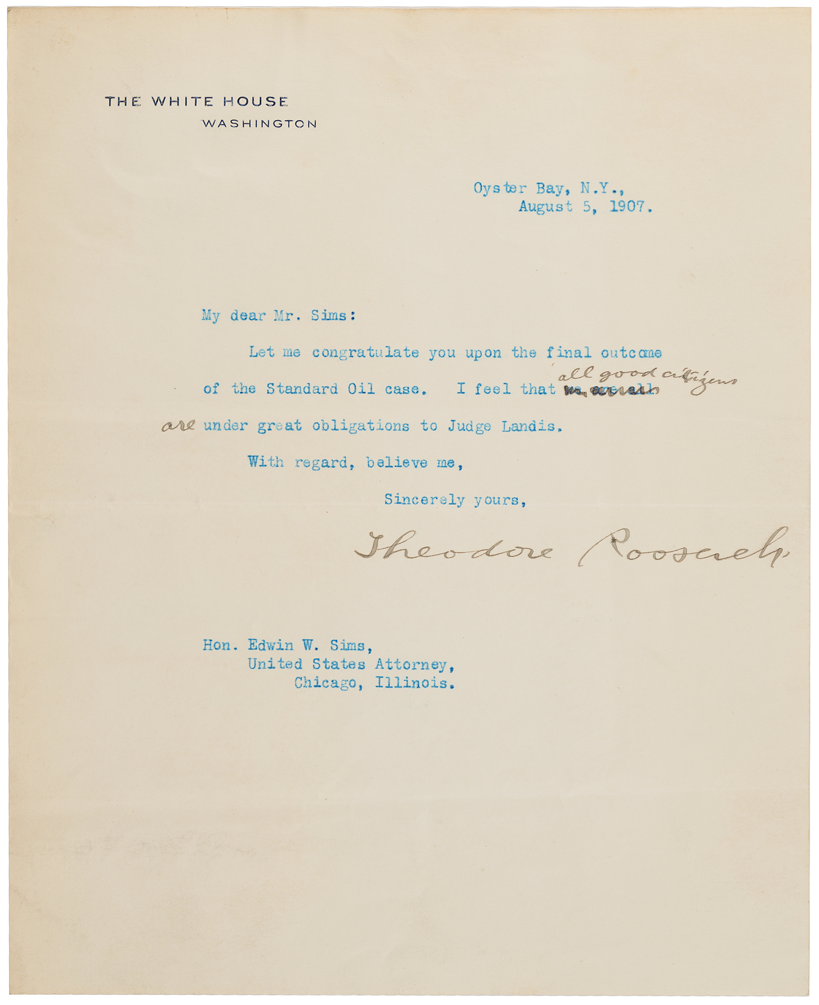 Theodore Roosevelt Typed Letter Signed as President on the Historic
